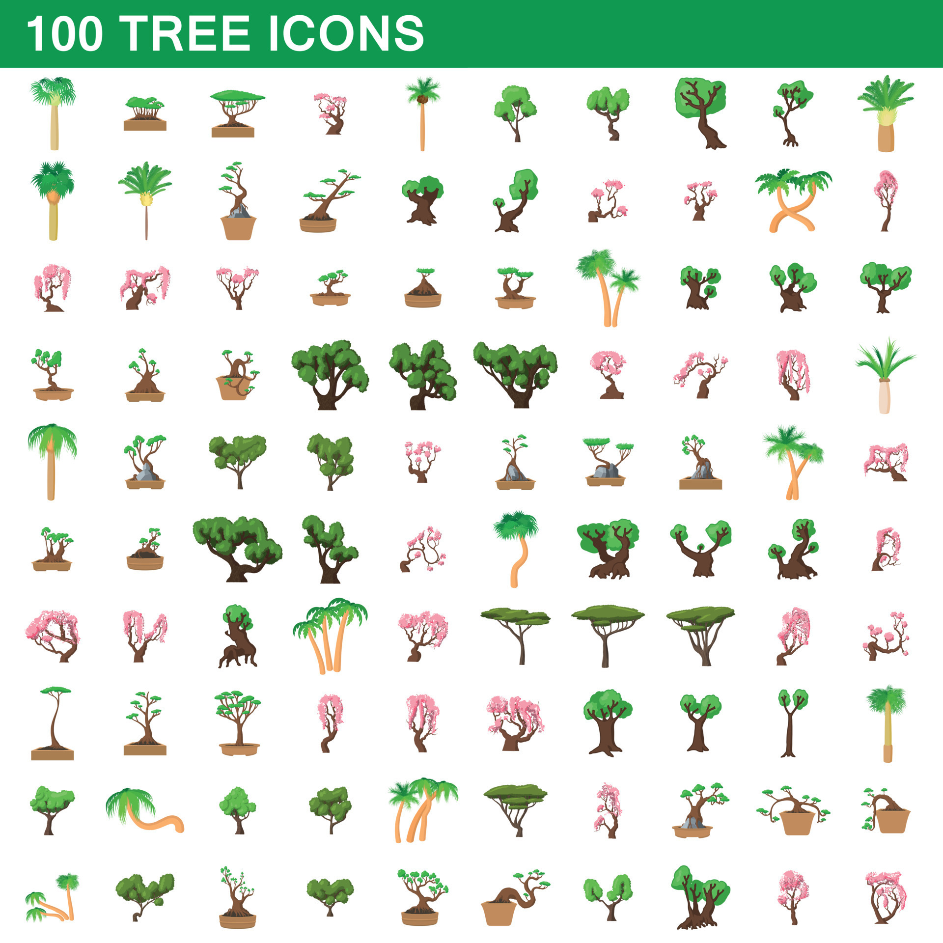 100 tree icons set, cartoon style 8998605 Vector Art at Vecteezy