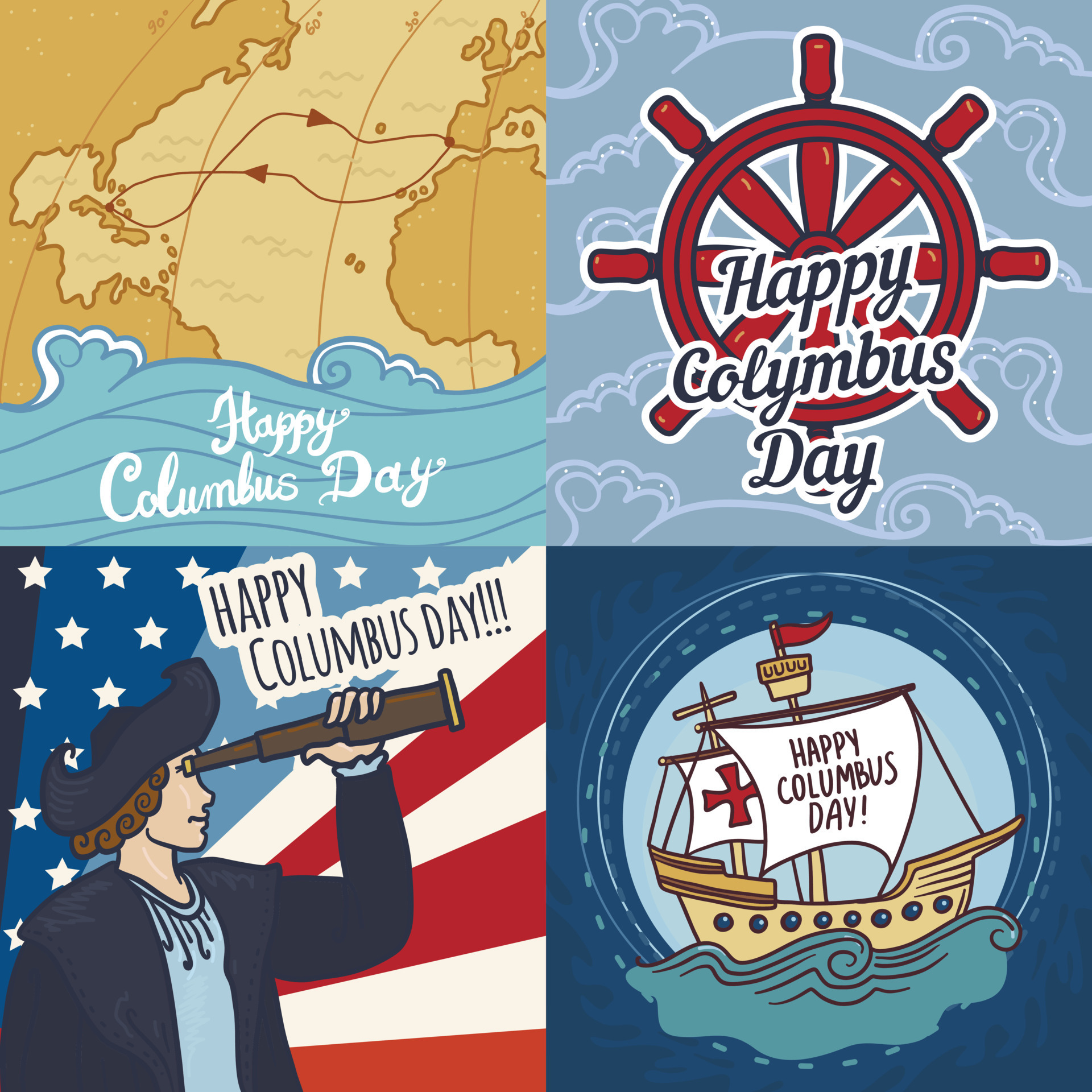 Happy columbus day banner set, hand drawn style 8998880 Vector Art at ...