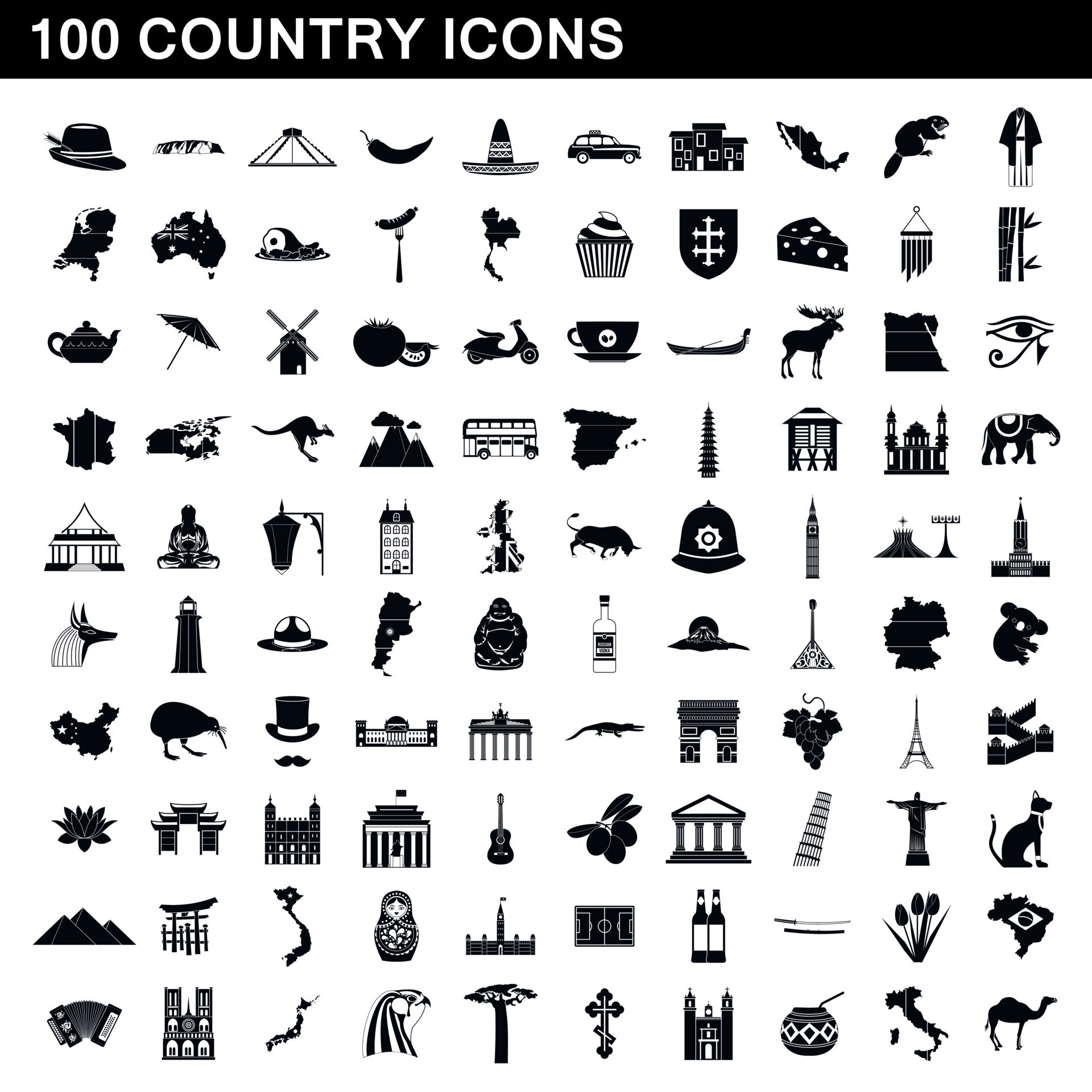 100 country icons set, simple style 8999252 Vector Art at Vecteezy