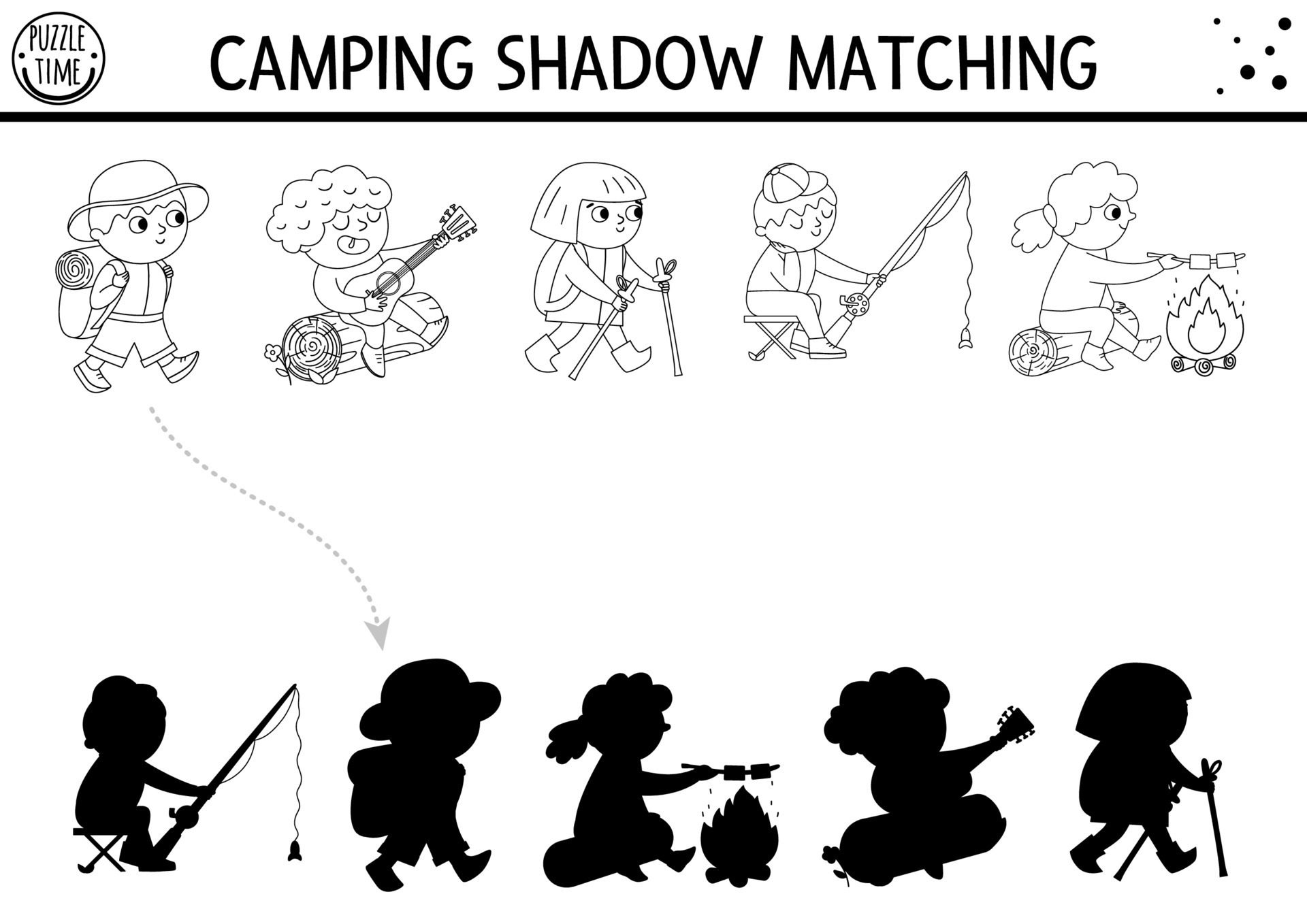 Black and white summer camp shadow matching activity with cute children ...
