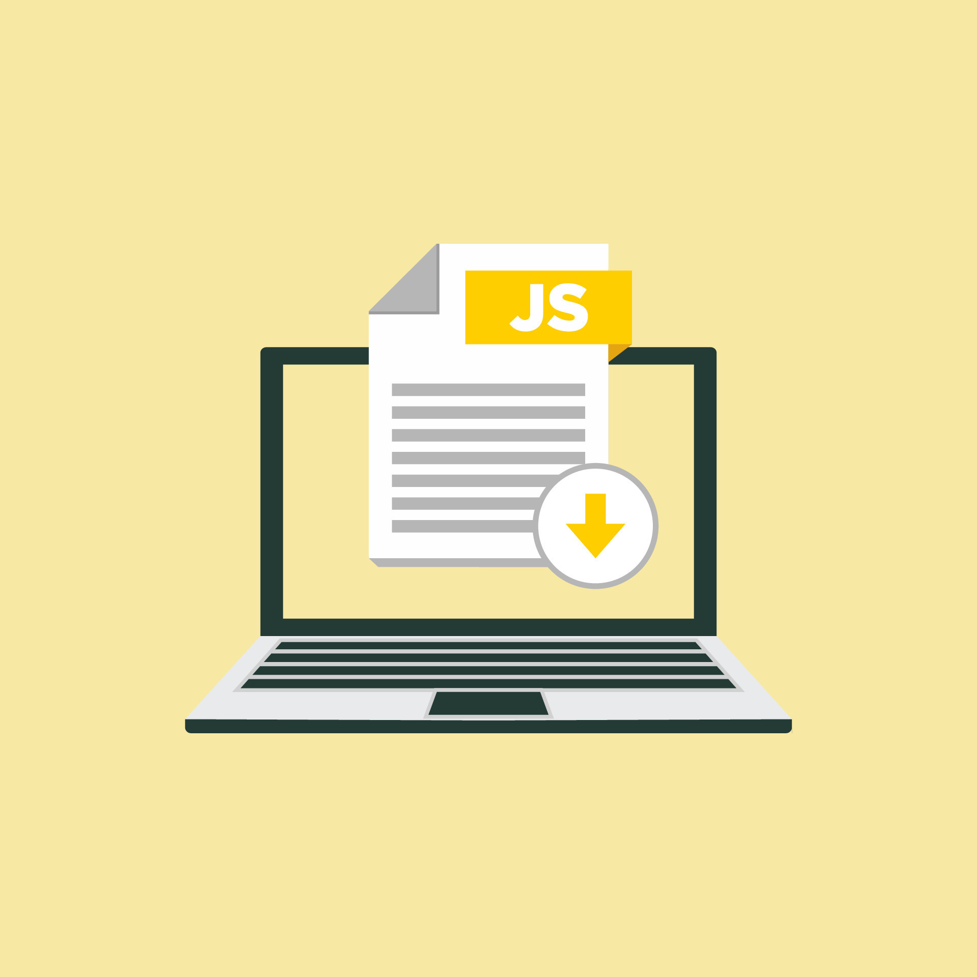 Download JS icon file with label on laptop screen. Downloading document ...