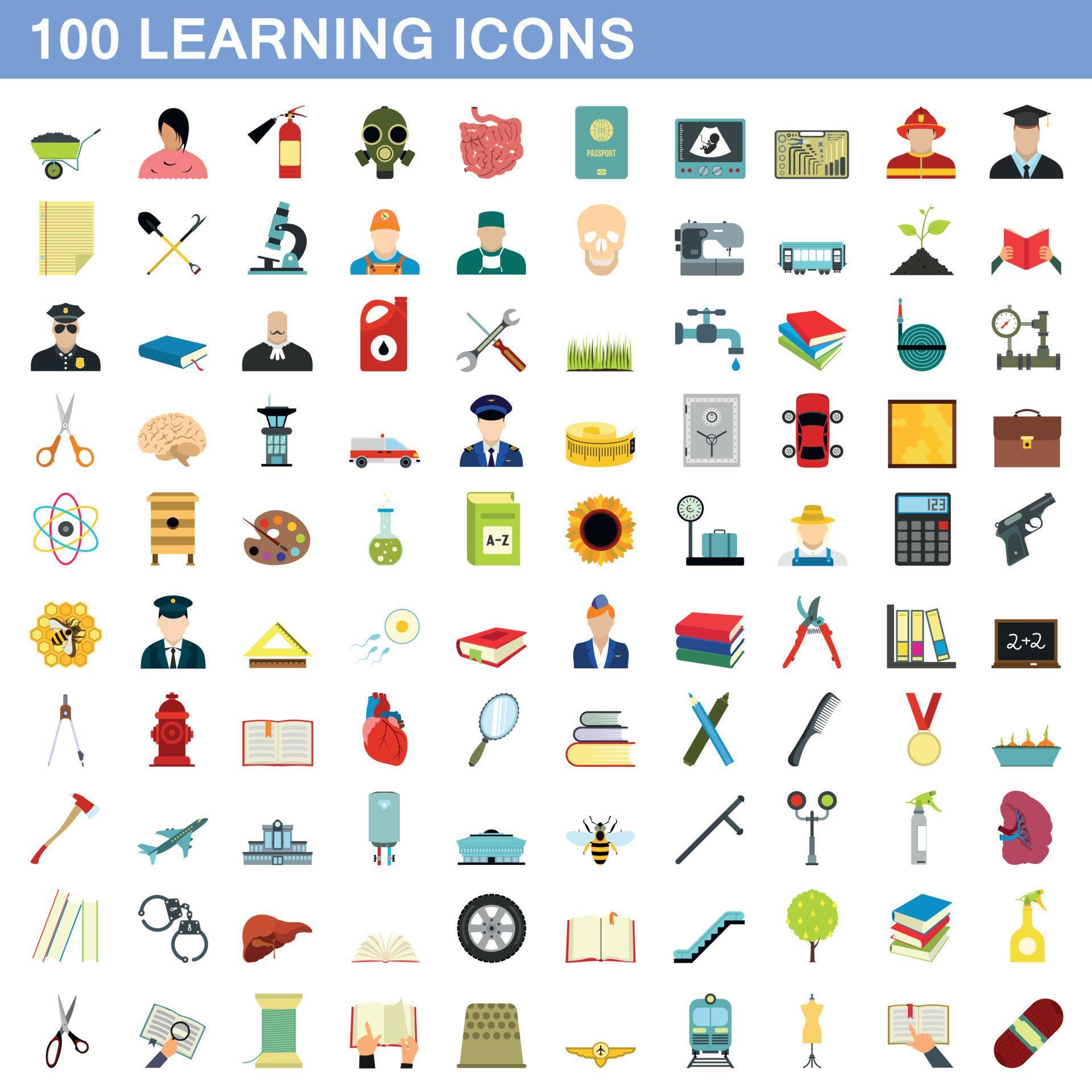 100 learning icons set, flat style 9027905 Vector Art at Vecteezy