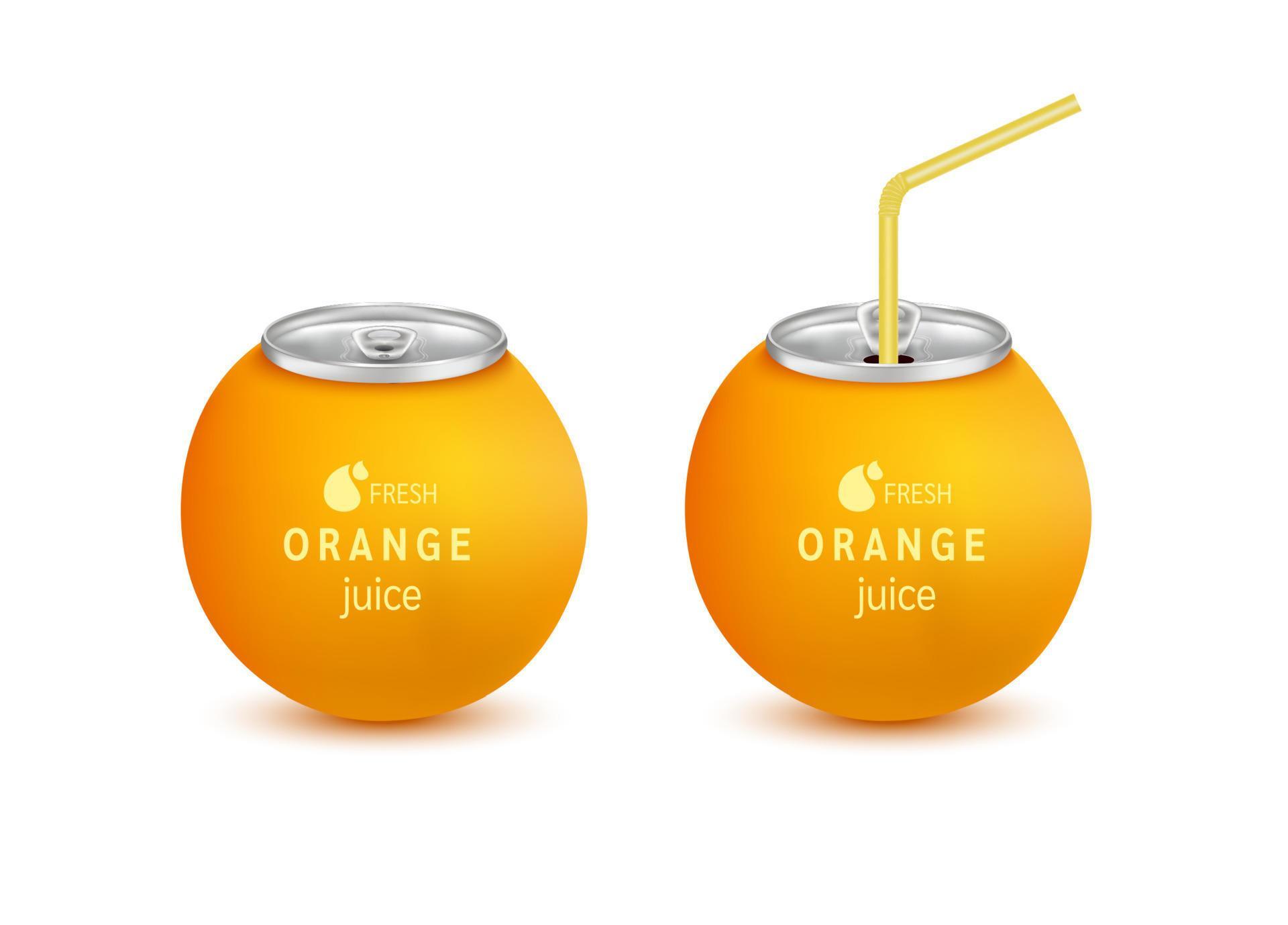 Fresh orange juice soft drink with lid aluminum can and drinking straw. Isolated on a white ...