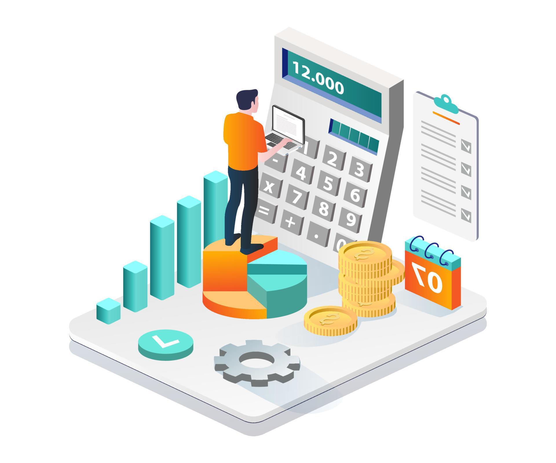 Man adjusting computer and calculator 9160148 Vector Art at Vecteezy