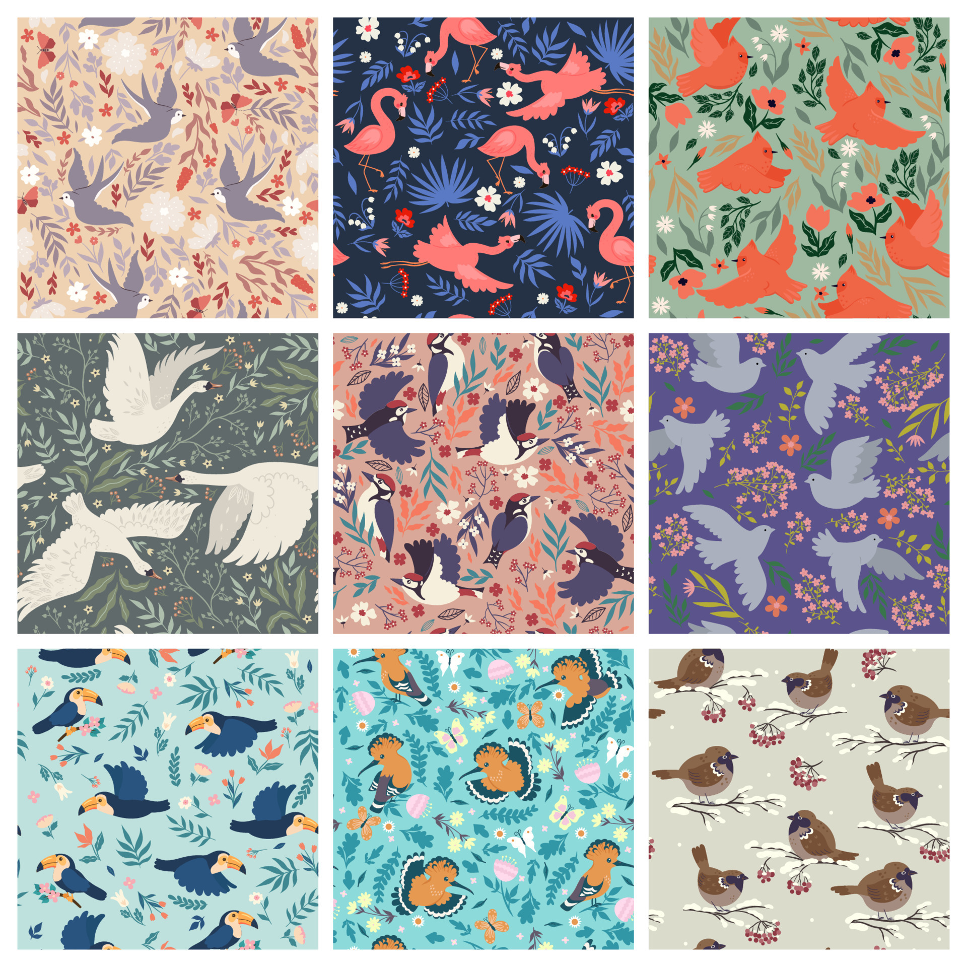 Set of patterns with various birds. Vector graphics. 9196266 Vector Art ...
