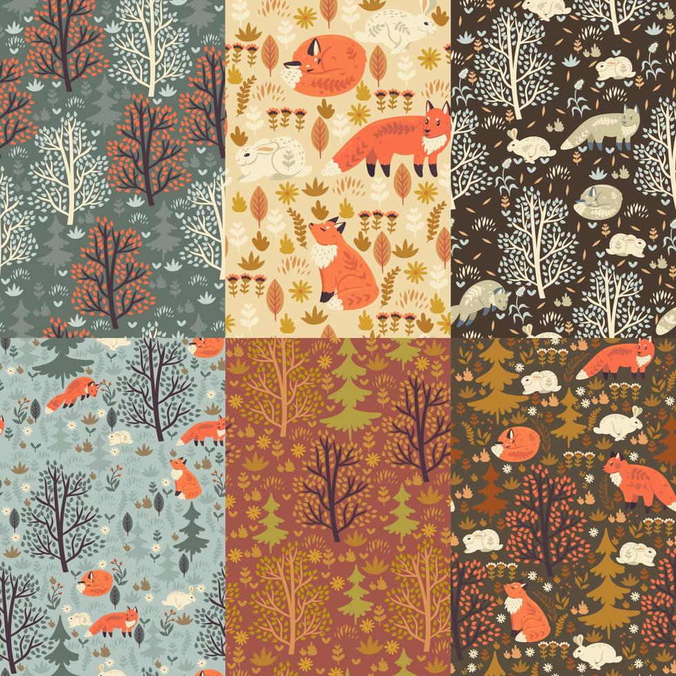 Set of forest seamless patterns with trees, foxes and hares. Vector ...