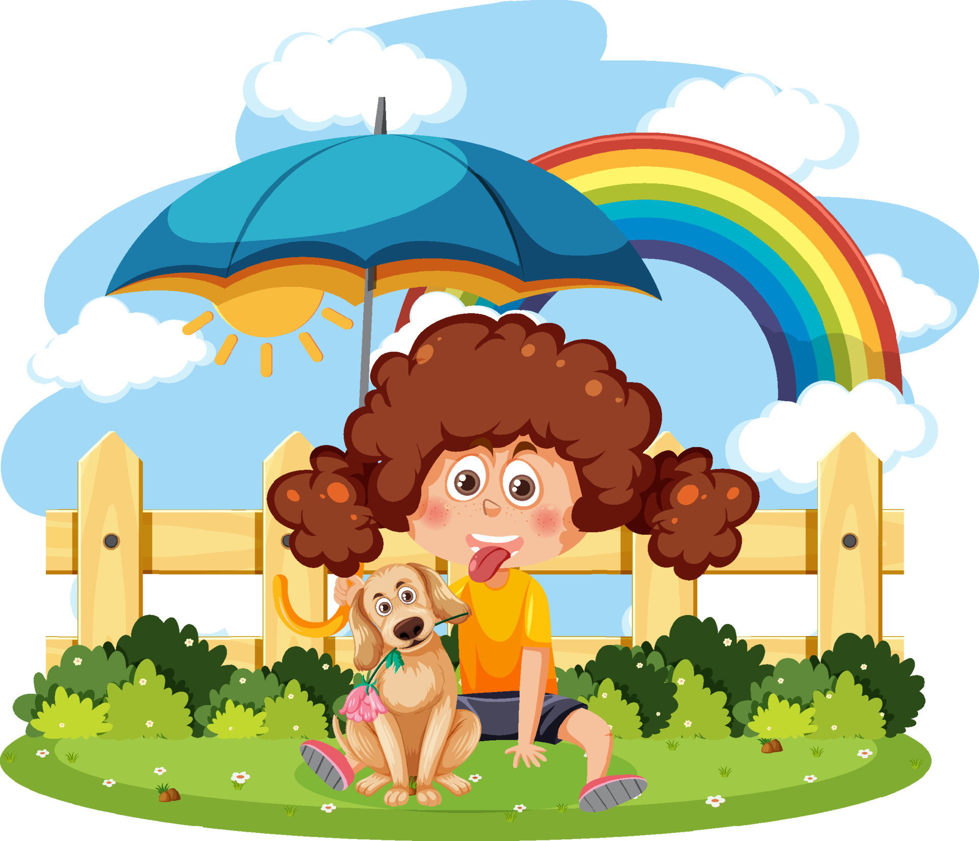 A girl holding an umbrella with a dog 9202961 Vector Art at Vecteezy