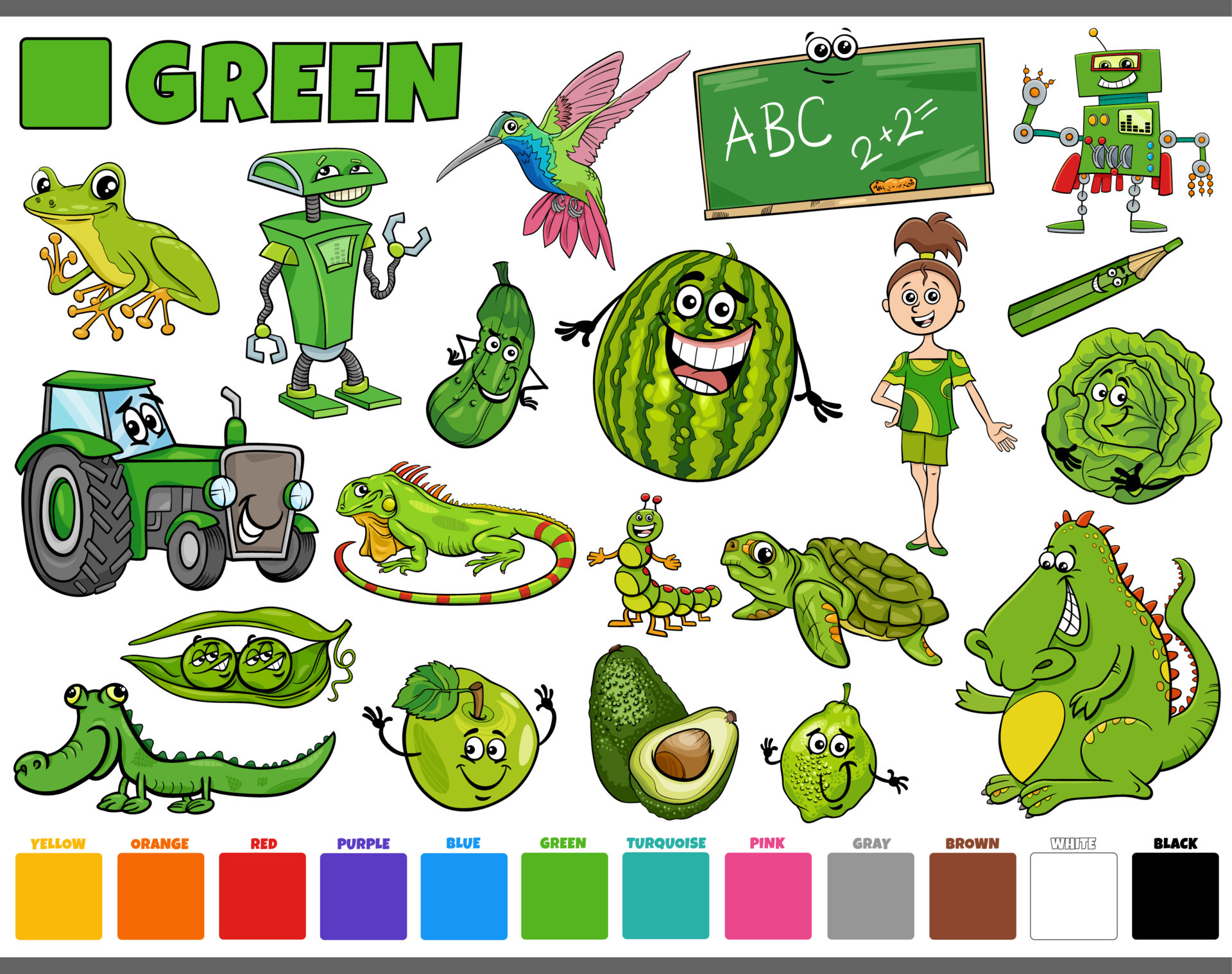 set with cartoon characters and objects in green 9205807 Vector Art at ...