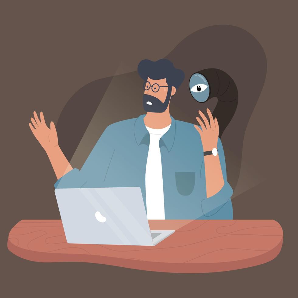 Espionage Employee Search Internet Stalking Young Male Character Working On A Laptop