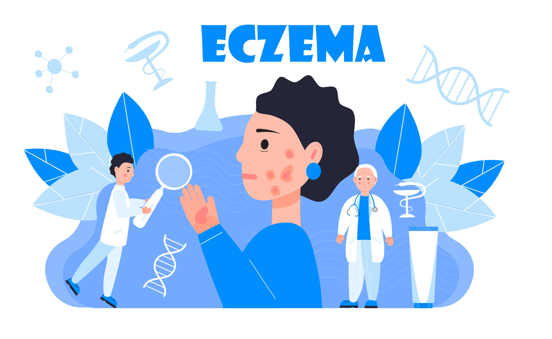 Eczema Psoriasis Concept Vector Sad Cute Girl On The Blue Background Tine Dermatologists