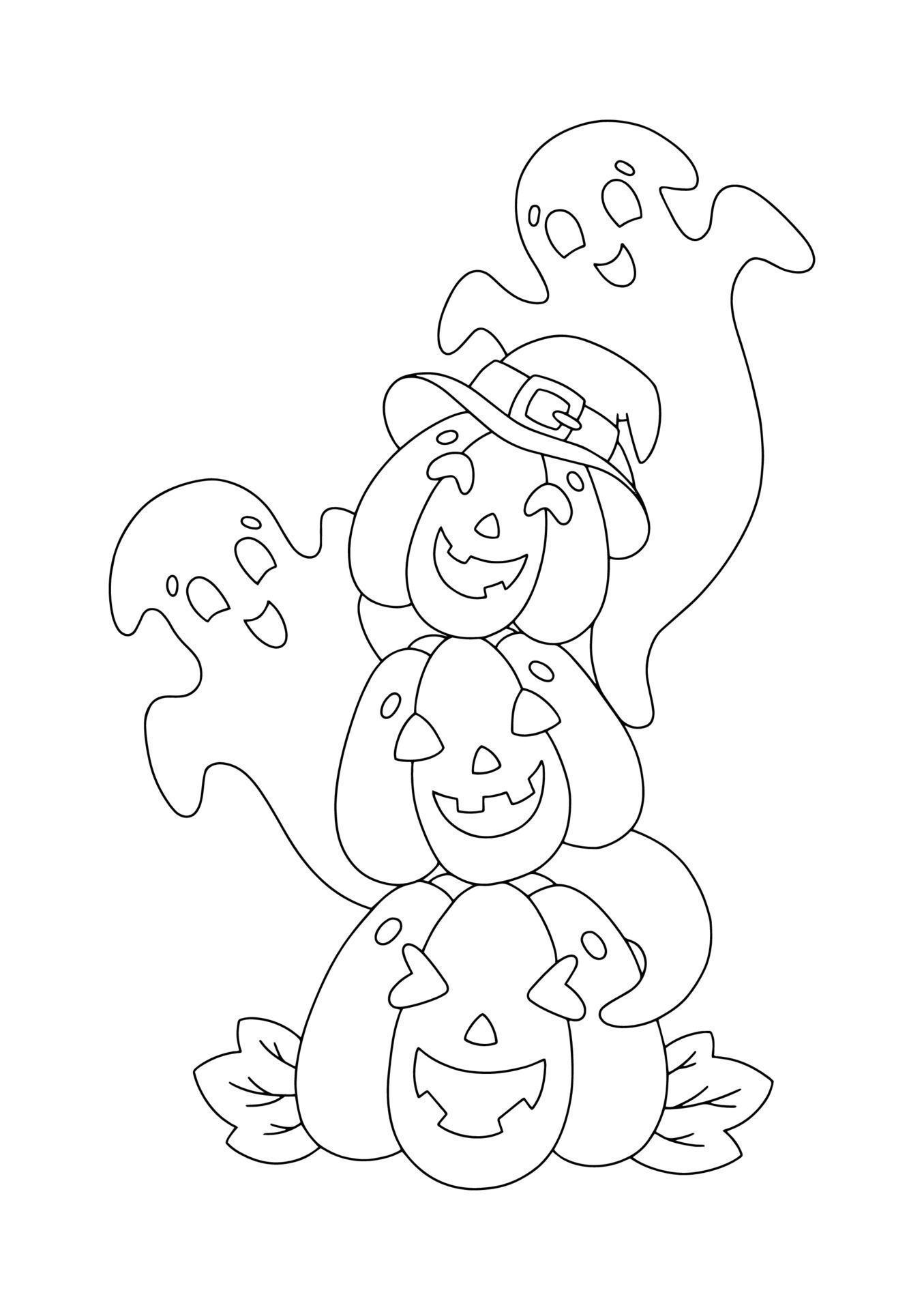 Happy stacked pumpkins with ghosts. Coloring book page for kids ...
