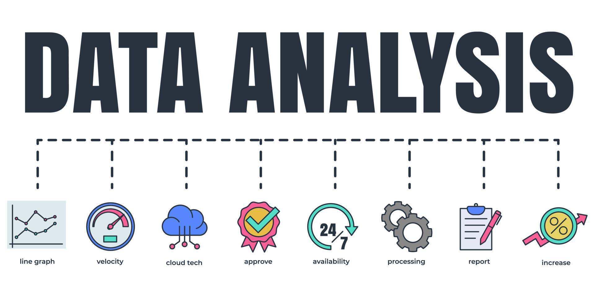 Data analysis banner web icon set. increase, velocity, processing ...