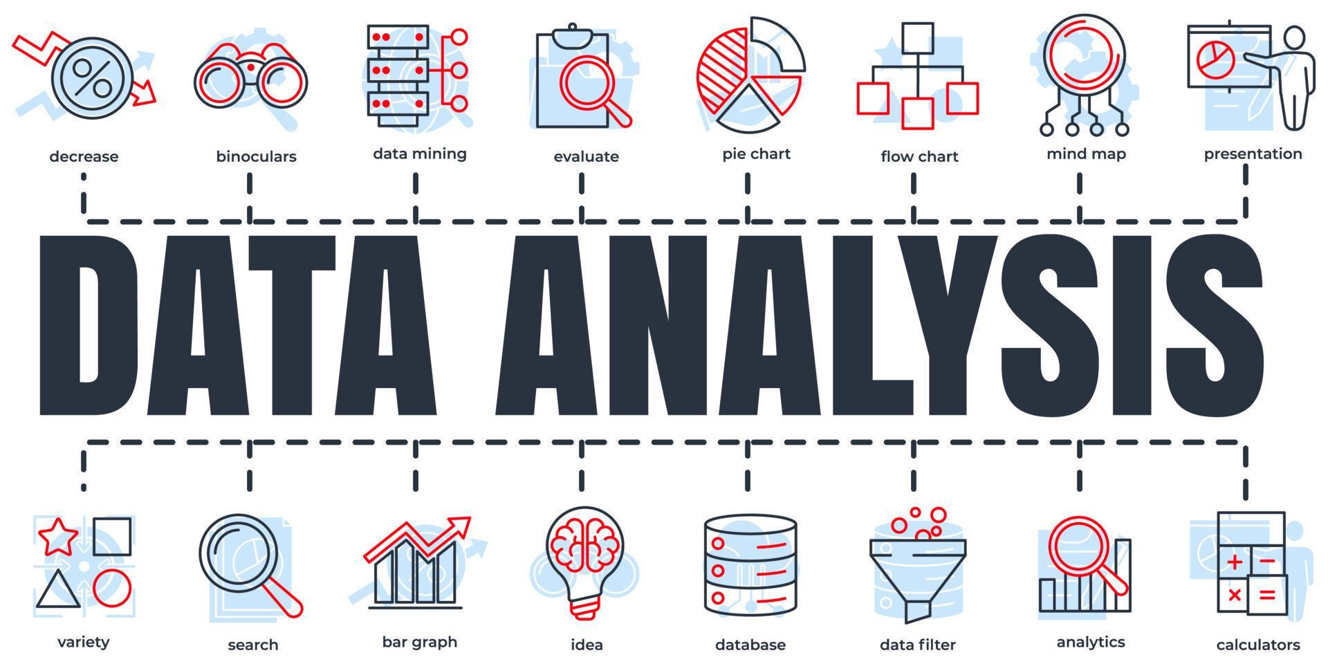 Data analysis banner web icon set. analytics, search, data mining, data ...