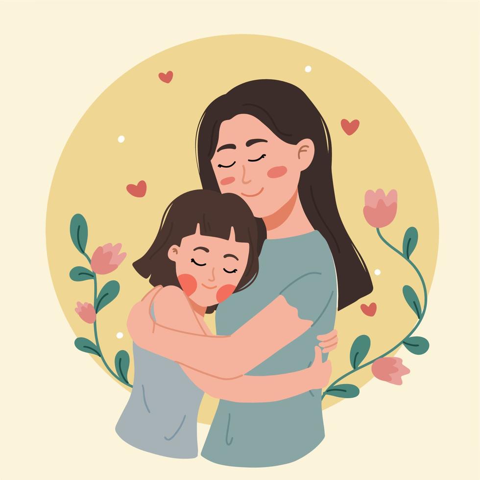 A Portrait Of Daughter Hugging Her Mom With Mothers Day Illustration