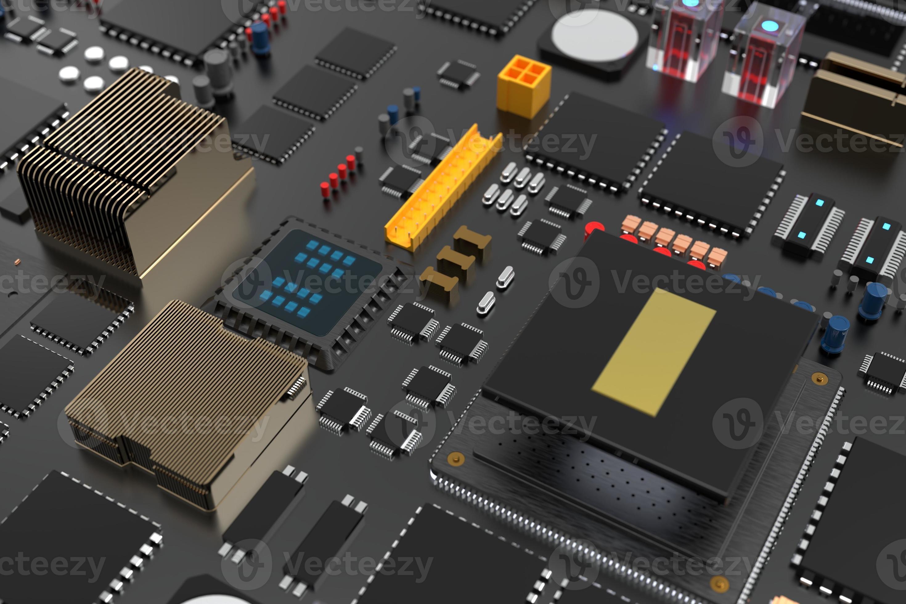printed circuit board with microchips, processors and other computer ...