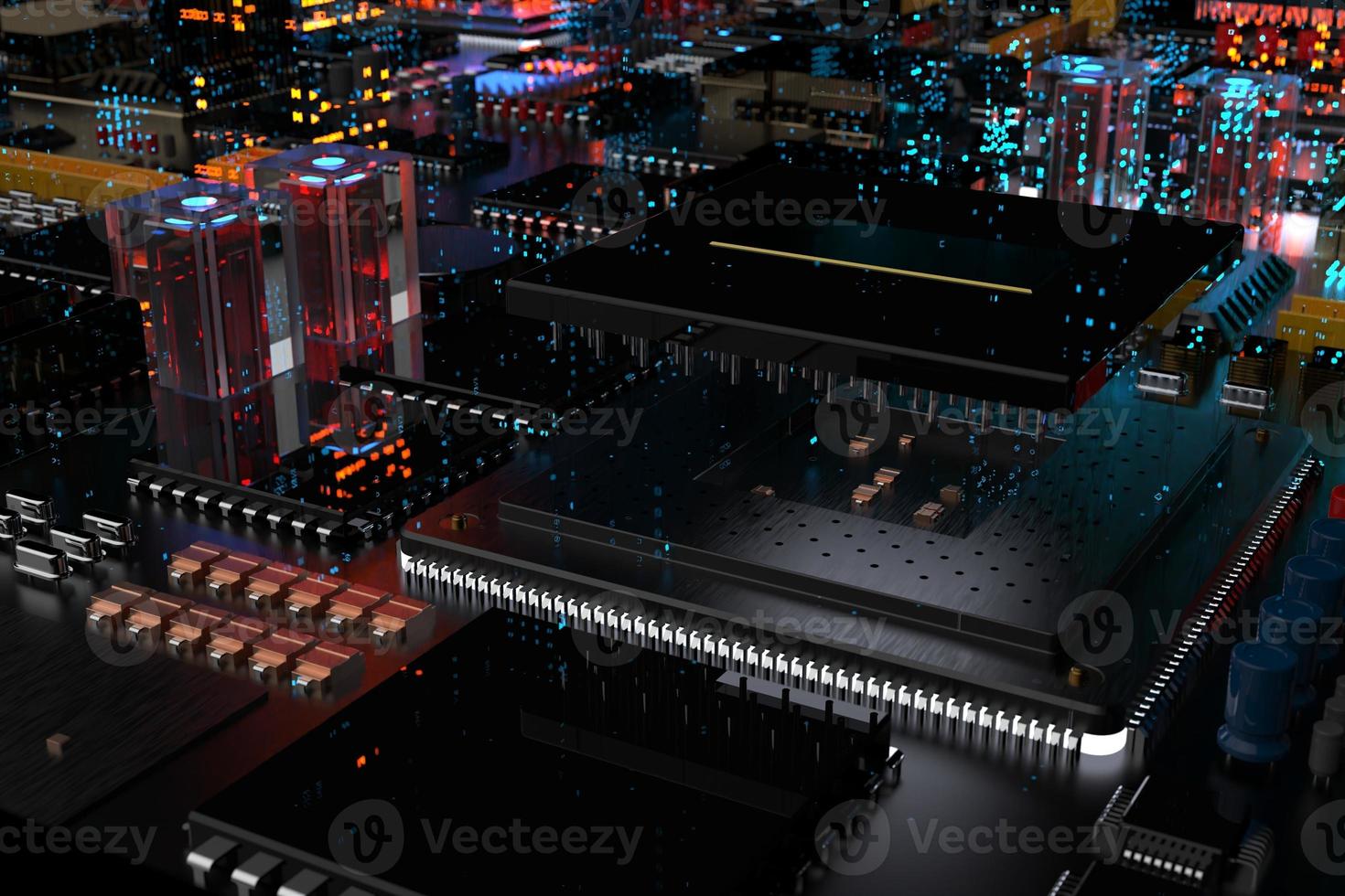 printed circuit board with microchips, processors and other computer ...