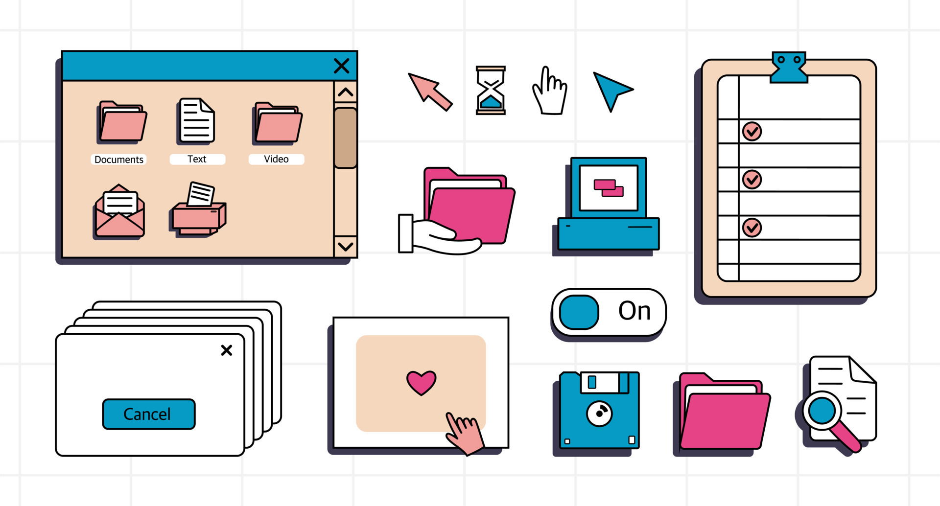 A set of user interface elements, UI and UX themes. In the vaporwave ...