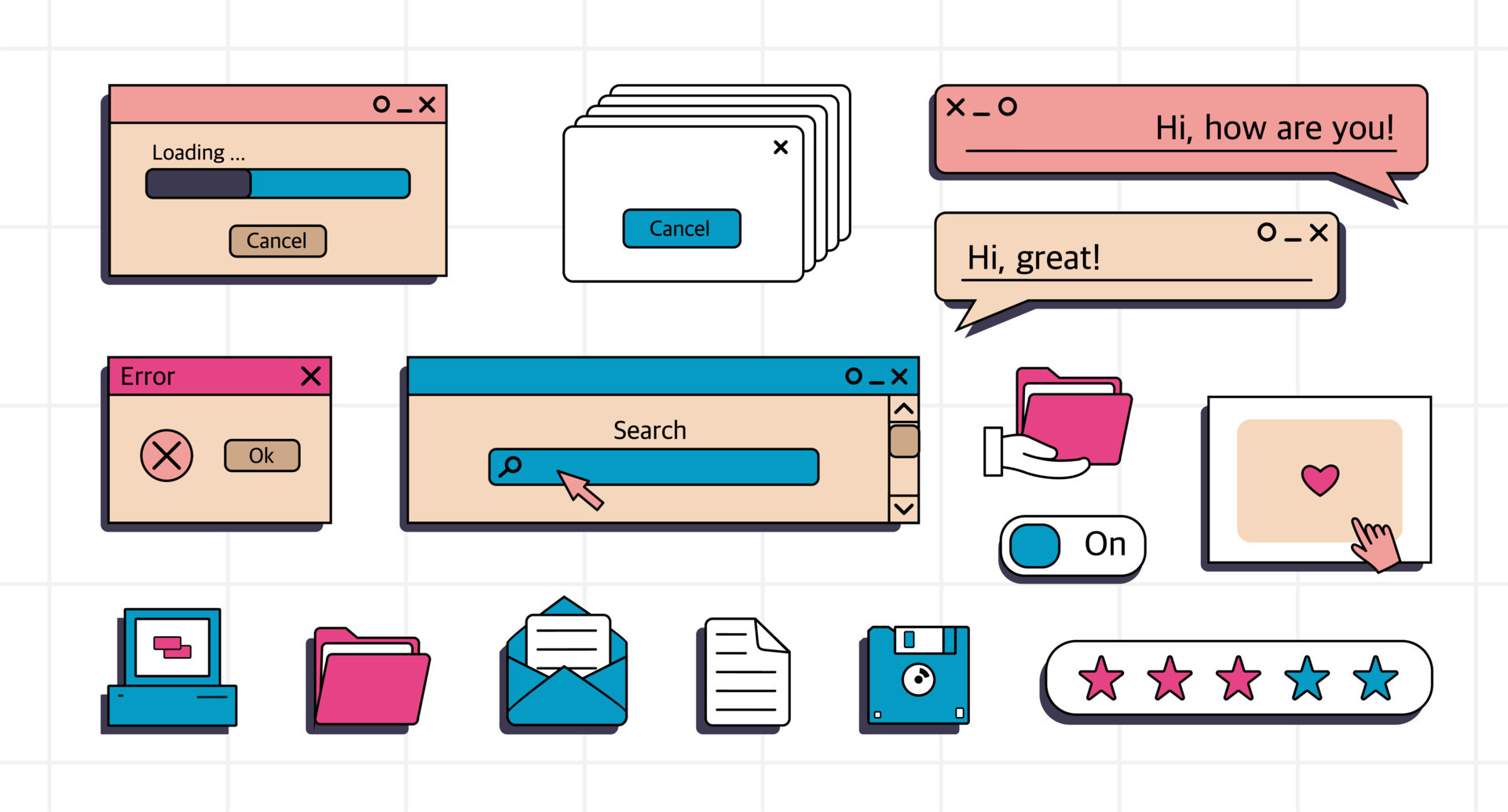 A set of user interface elements, UI and UX themes. In the vaporwave style of the 80-90s, retro ...