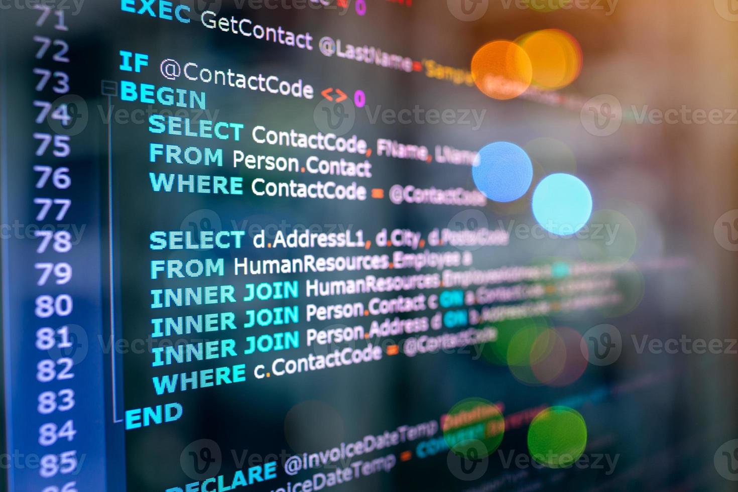 Sql Structured Query Language Code On Computer Monitor And Server Room Background Example Of