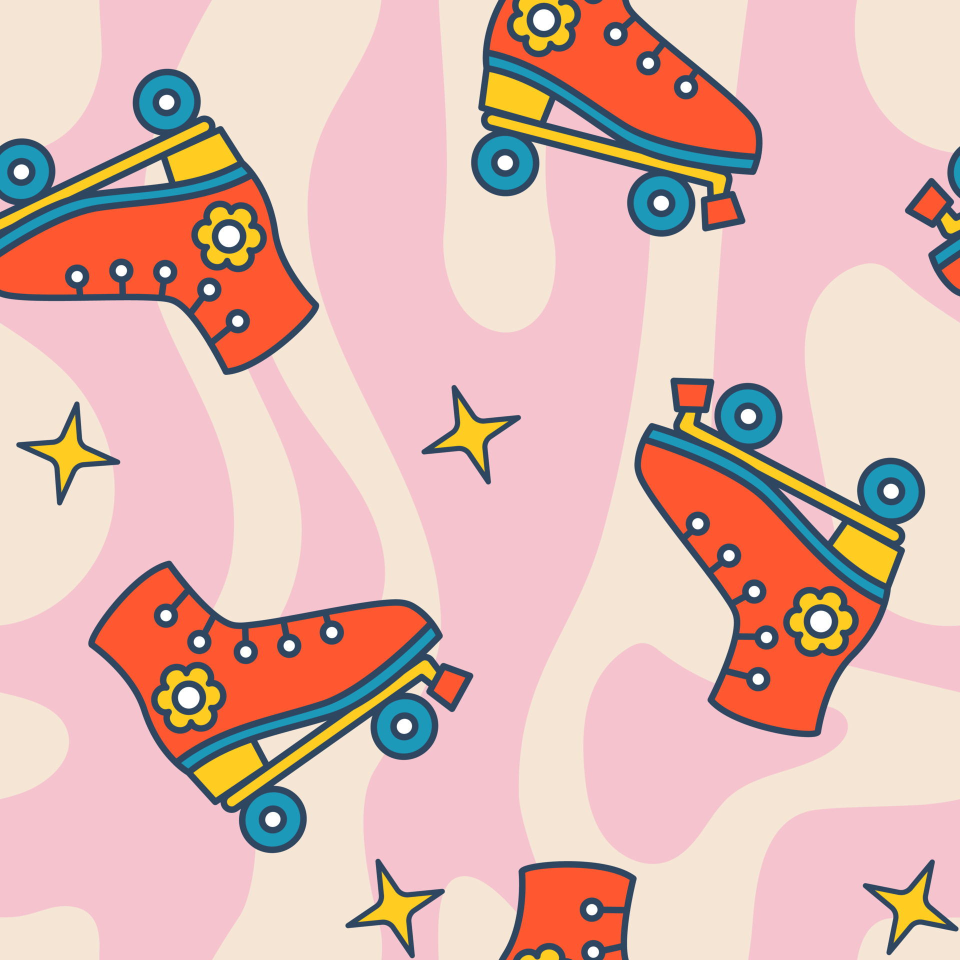 Vector seamless pattern with roller skates and stars. Groovy pattern ...
