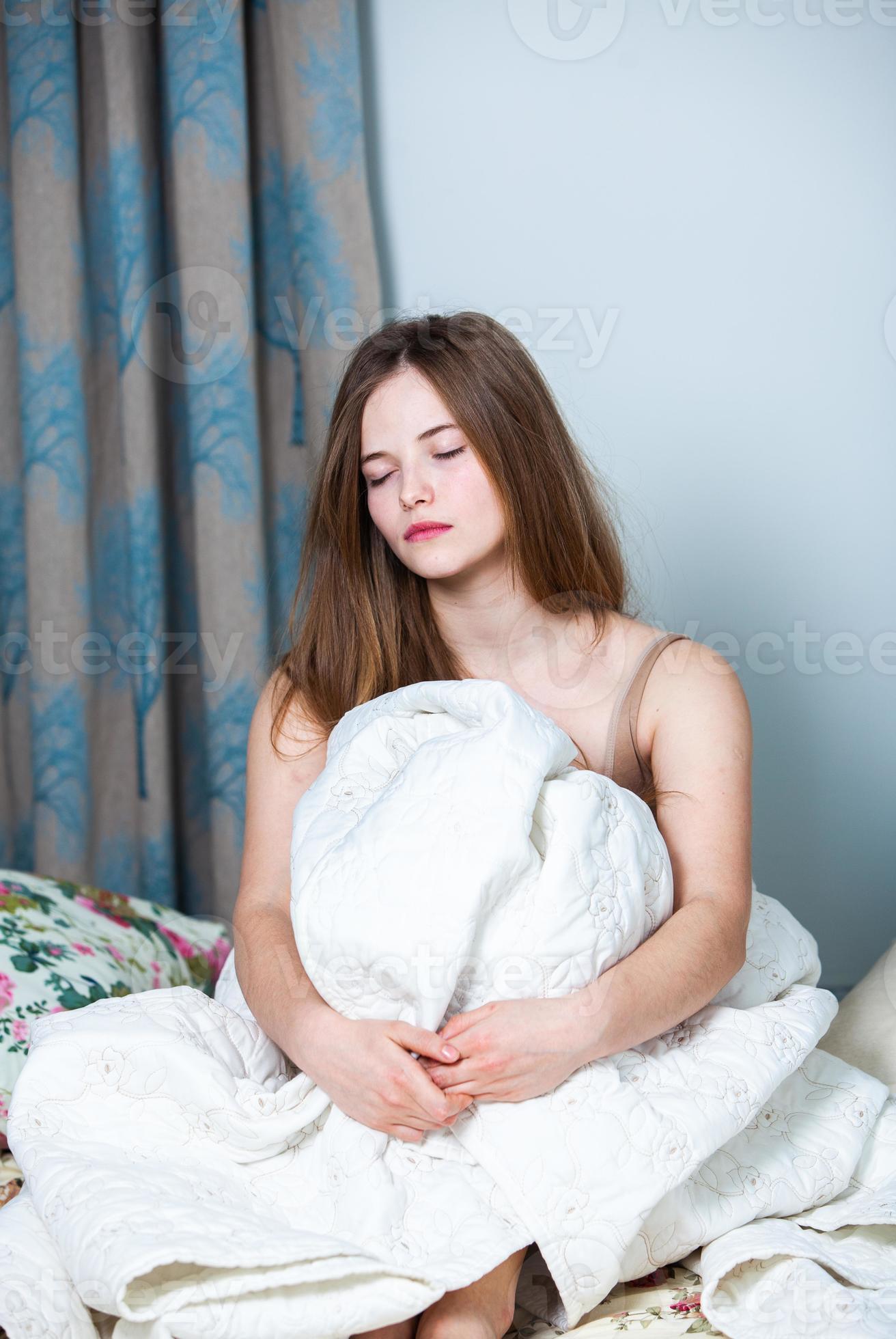 Girl Sleeps In A White Bed At Home Young Woman Sleeping In Sleepwear