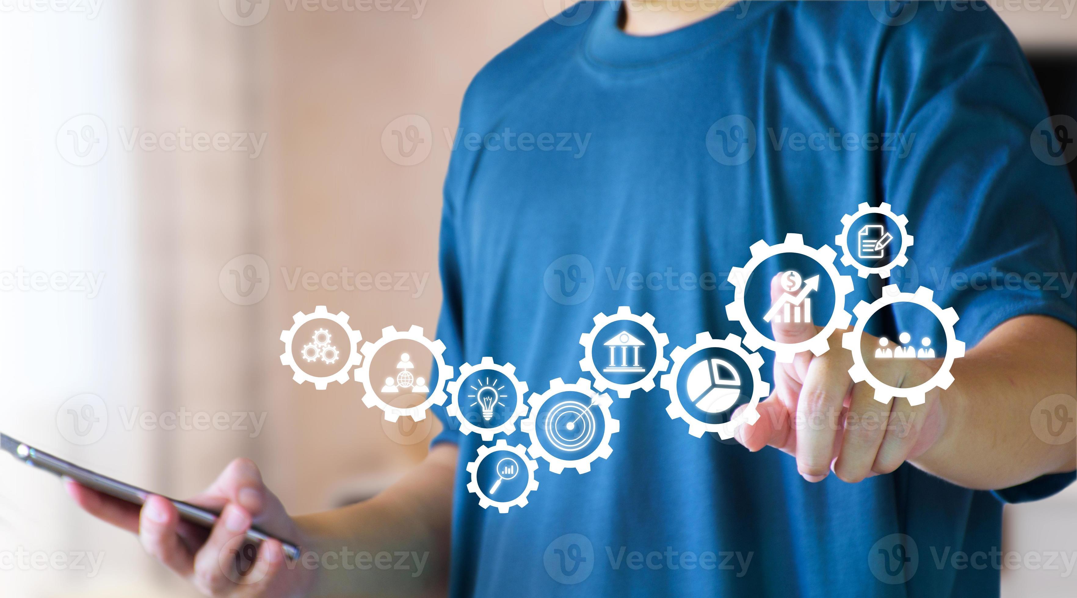 Business database analysis concept. Businessman analyzing economic data ...