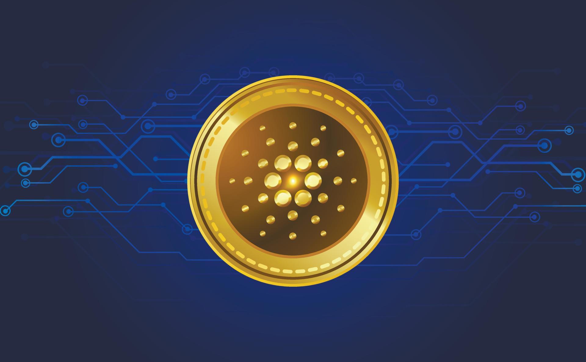 Cardano Cryptocurrency Token Symbol Ada Coin Icon In Circle With Circuit Board On Blue Business