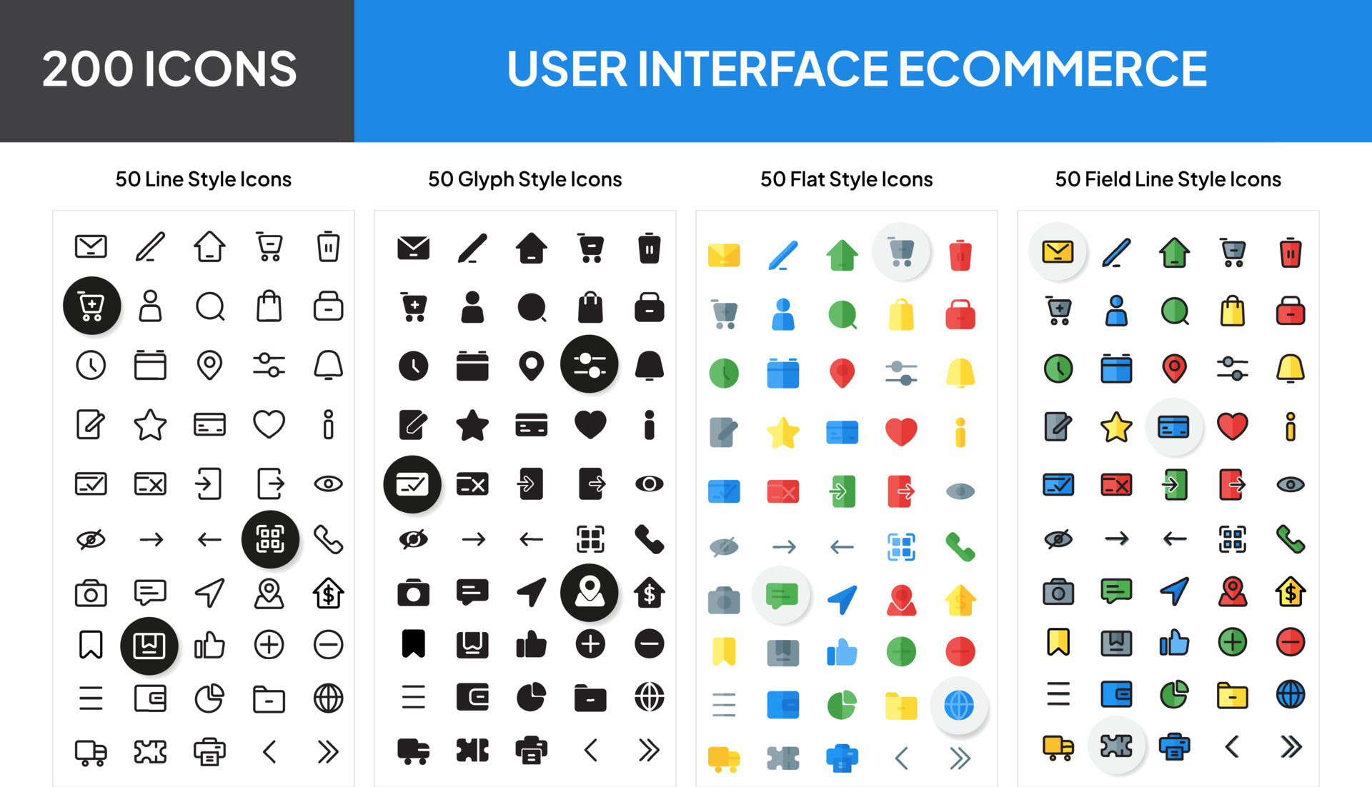 set of icons user interface ecommerce line style, glyph, flat and field ...