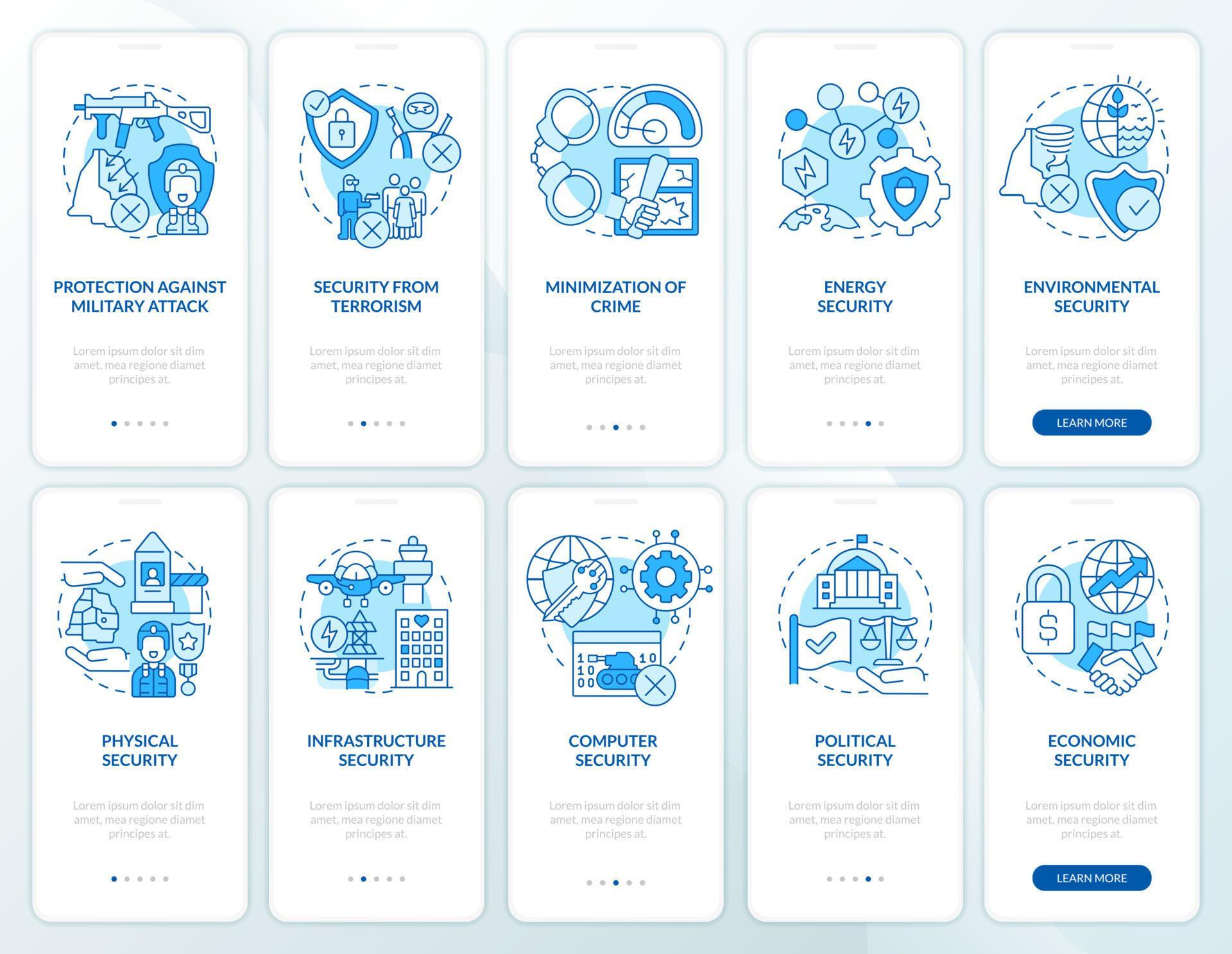 National And International Safety Blue Onboarding Mobile App Screen Set Walkthrough 5 Steps