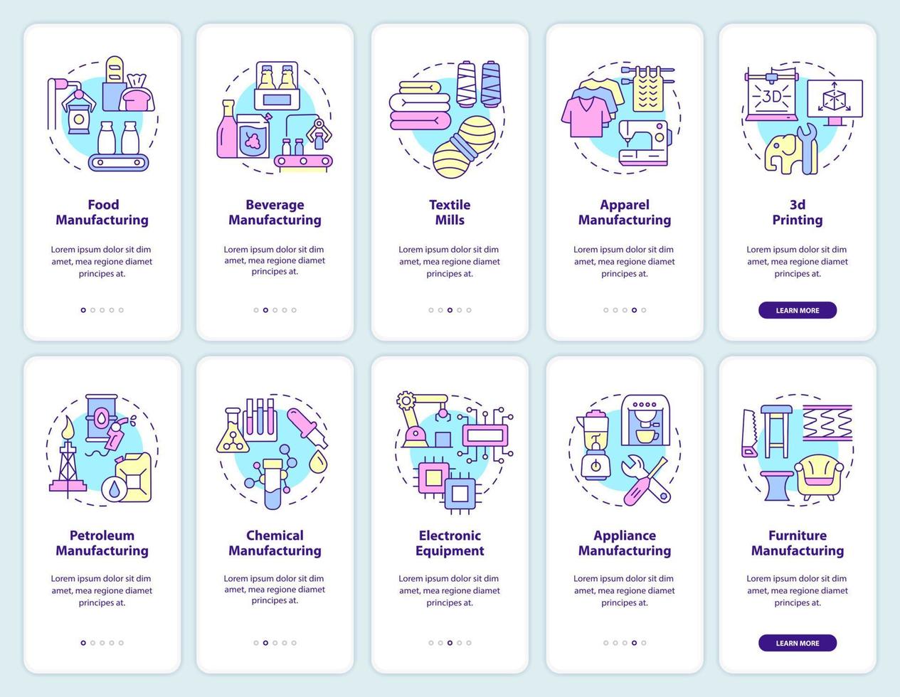 Starting Manufacturing Business Onboarding Mobile App Screen Set Walkthrough 5 Steps Graphic