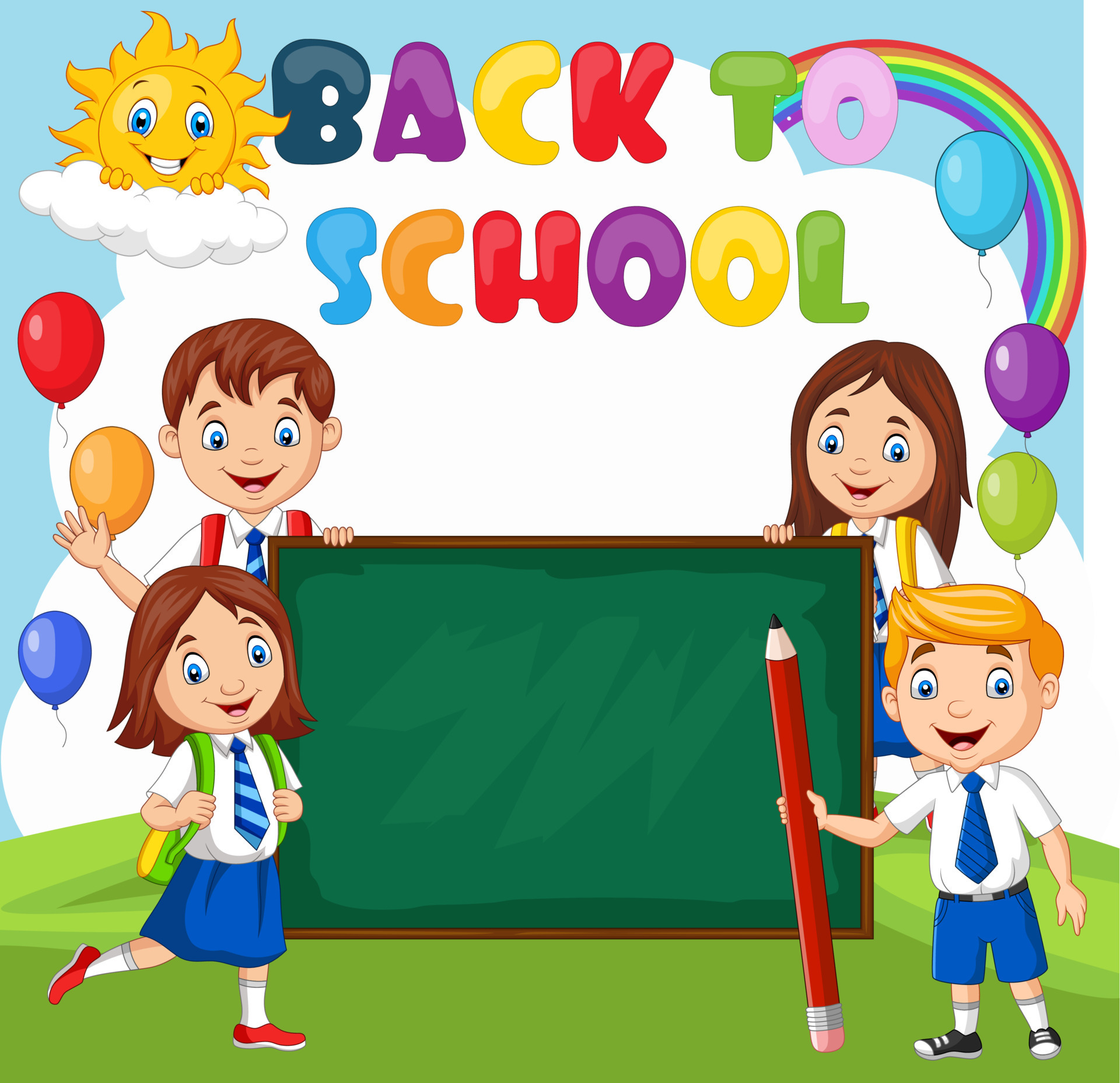 Back to school. Cartoon school children with chalkboard 9339942 Vector ...
