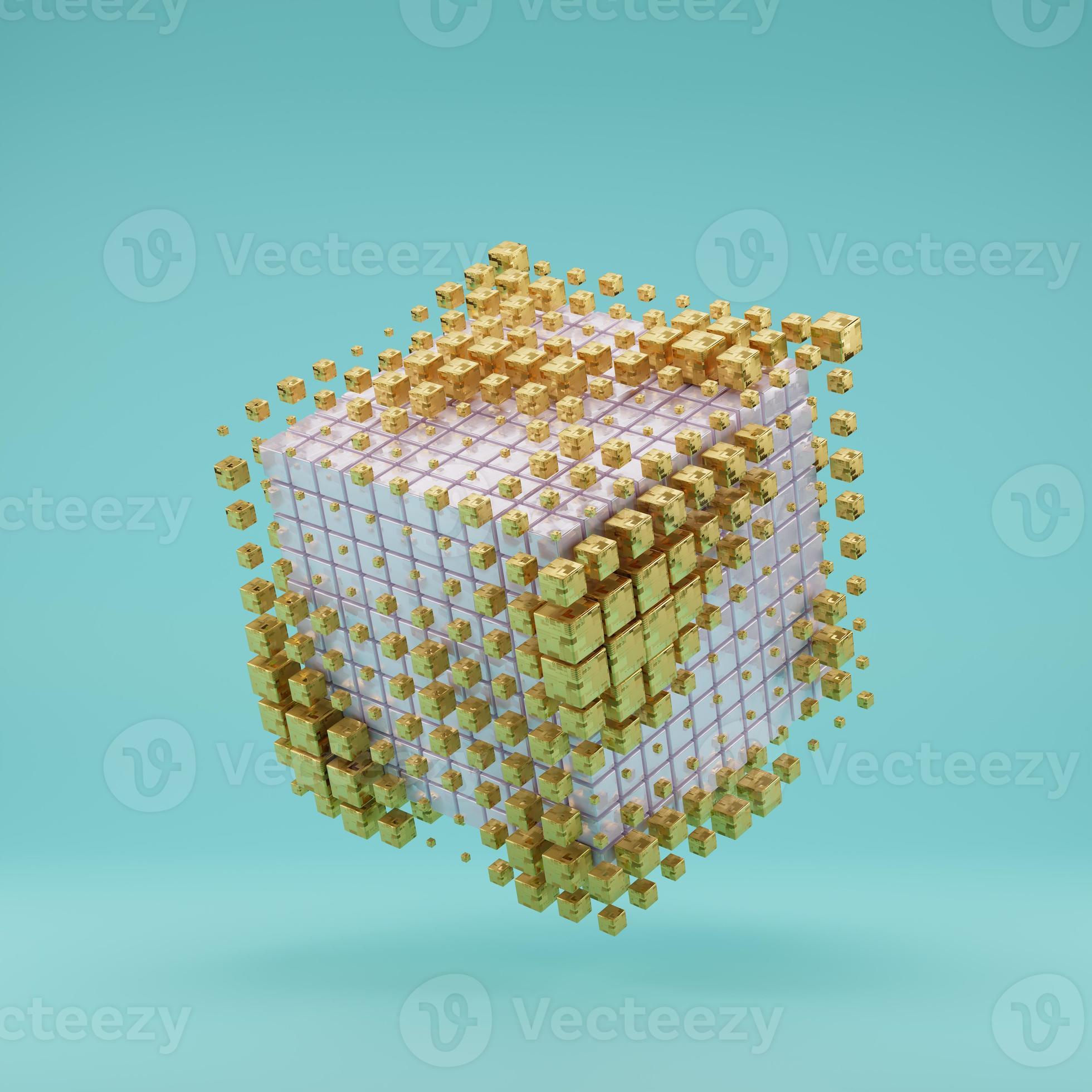Abstract digital golden cube and moving elements with light green ...