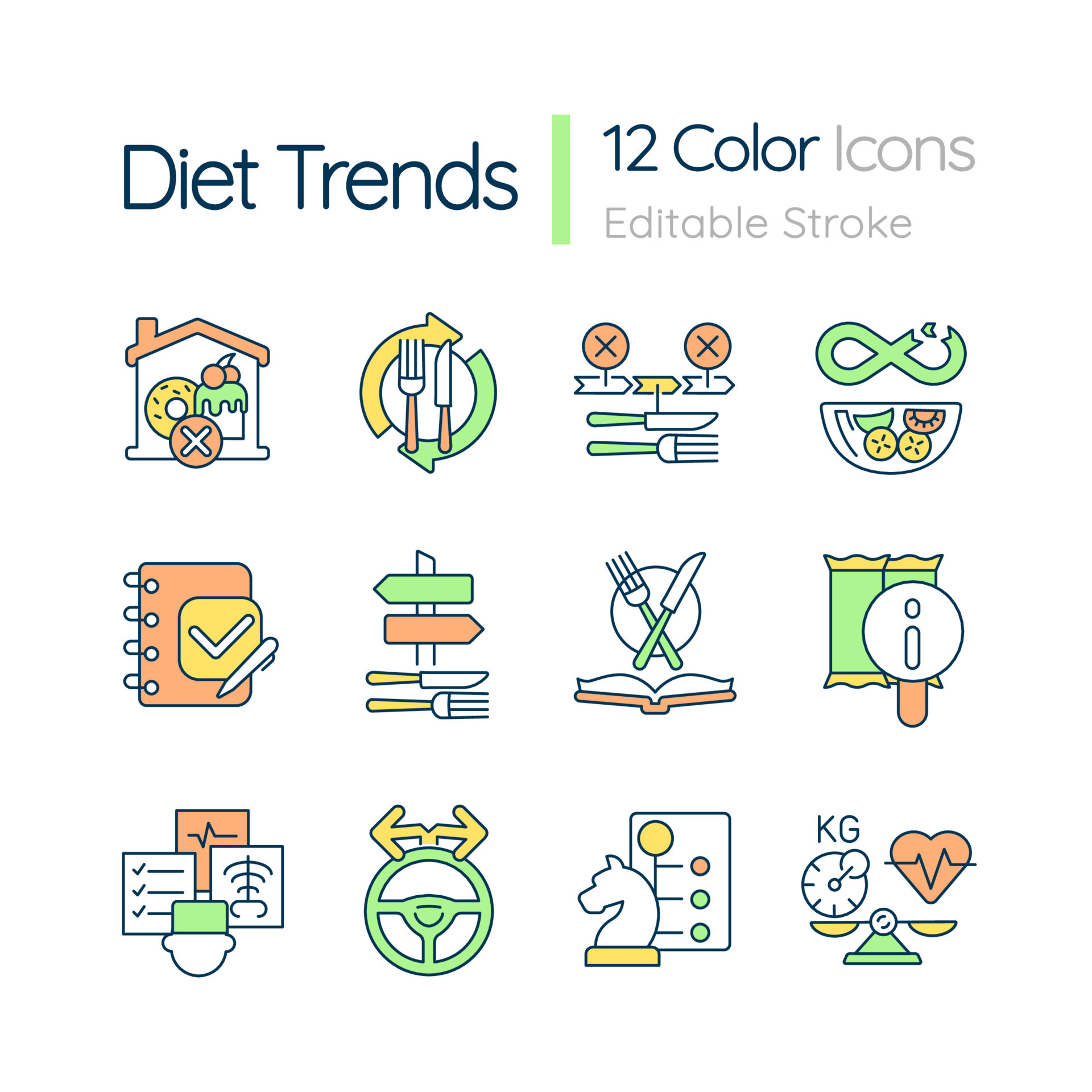 Diet trends RGB color icons set. Healthy nutrition. Prevent diseases ...