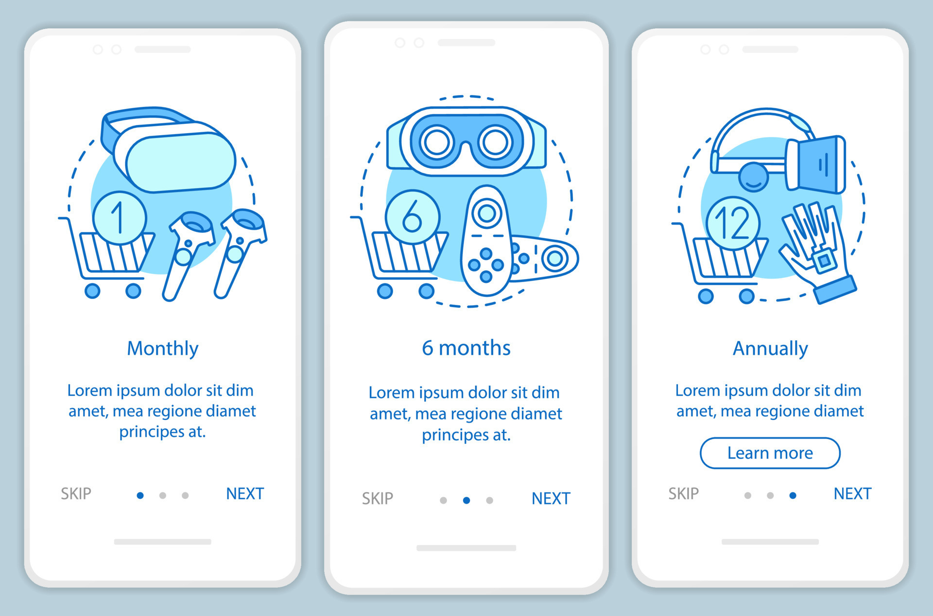 Vr Game Subscription Onboarding Mobile App Page Screen With Linear Concepts Three Walkthrough