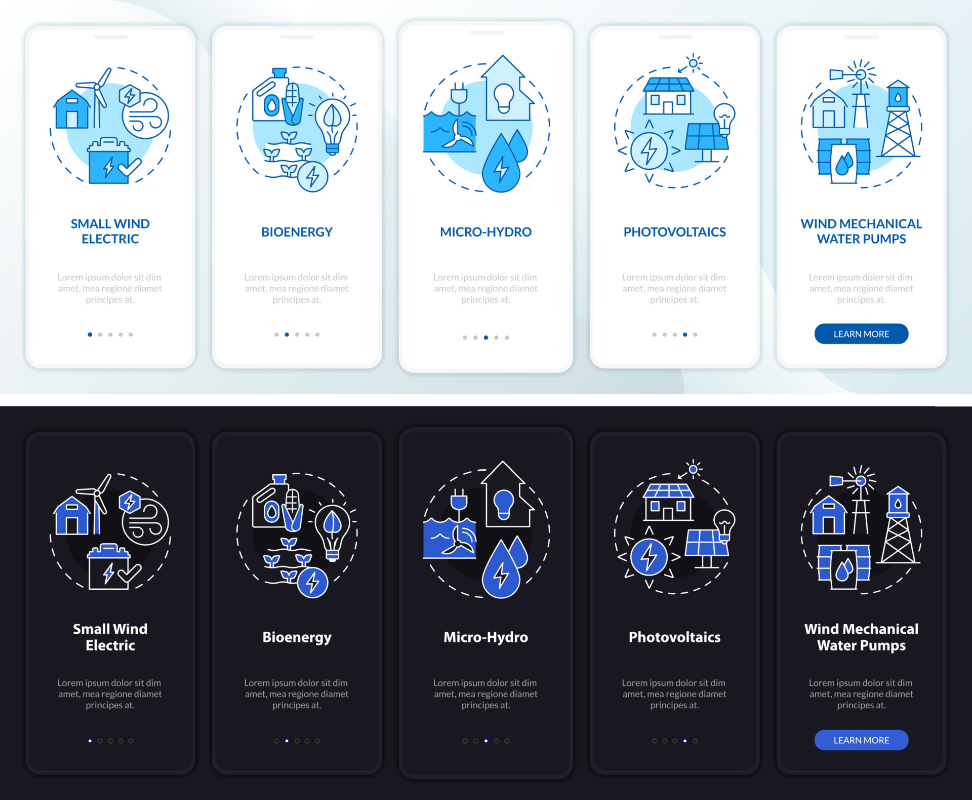 Re Technology Night And Day Mode Onboarding Mobile App Screen Walkthrough 5 Steps Graphic