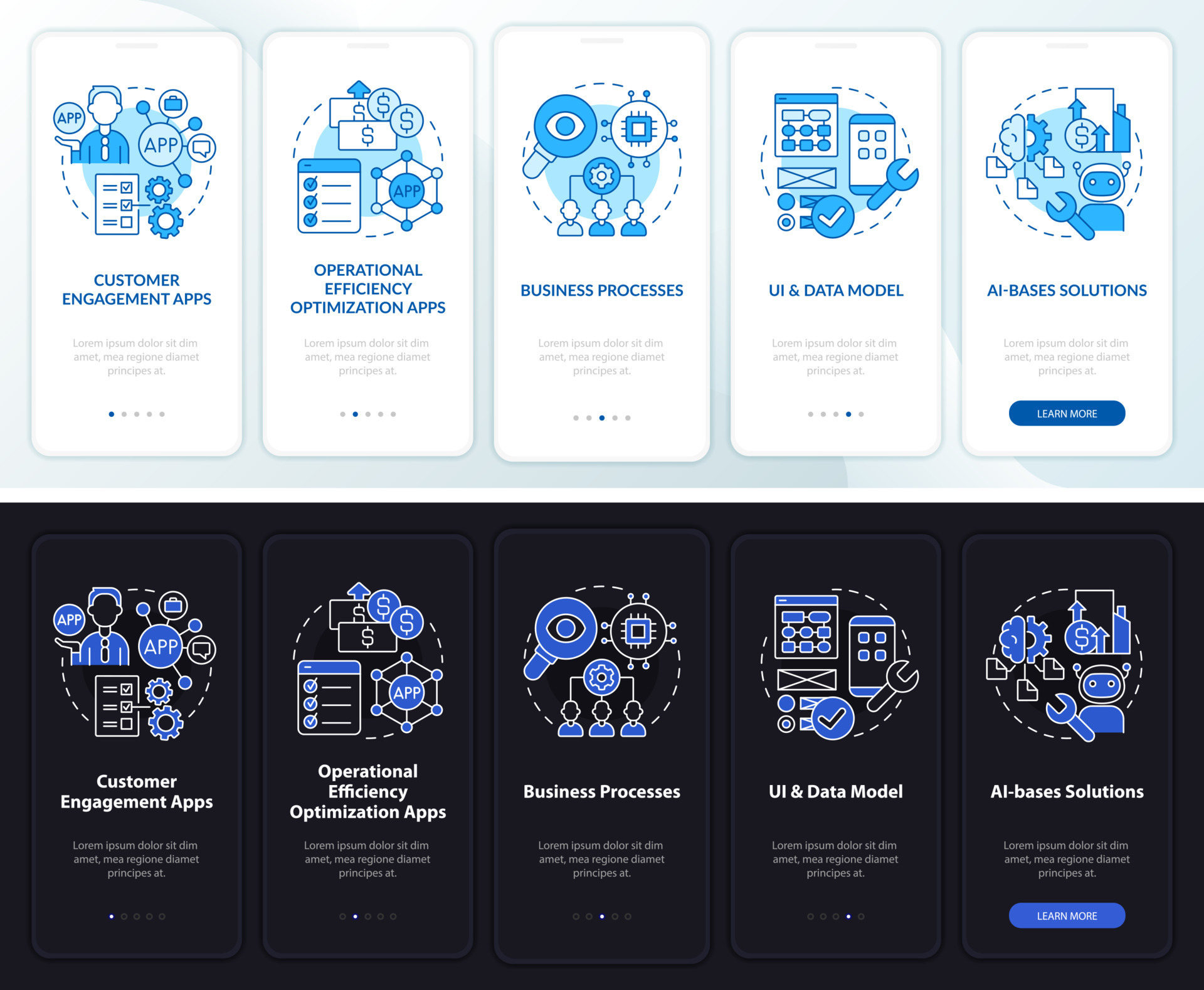 Apps for business night and day mode onboarding mobile app screen. Web ...