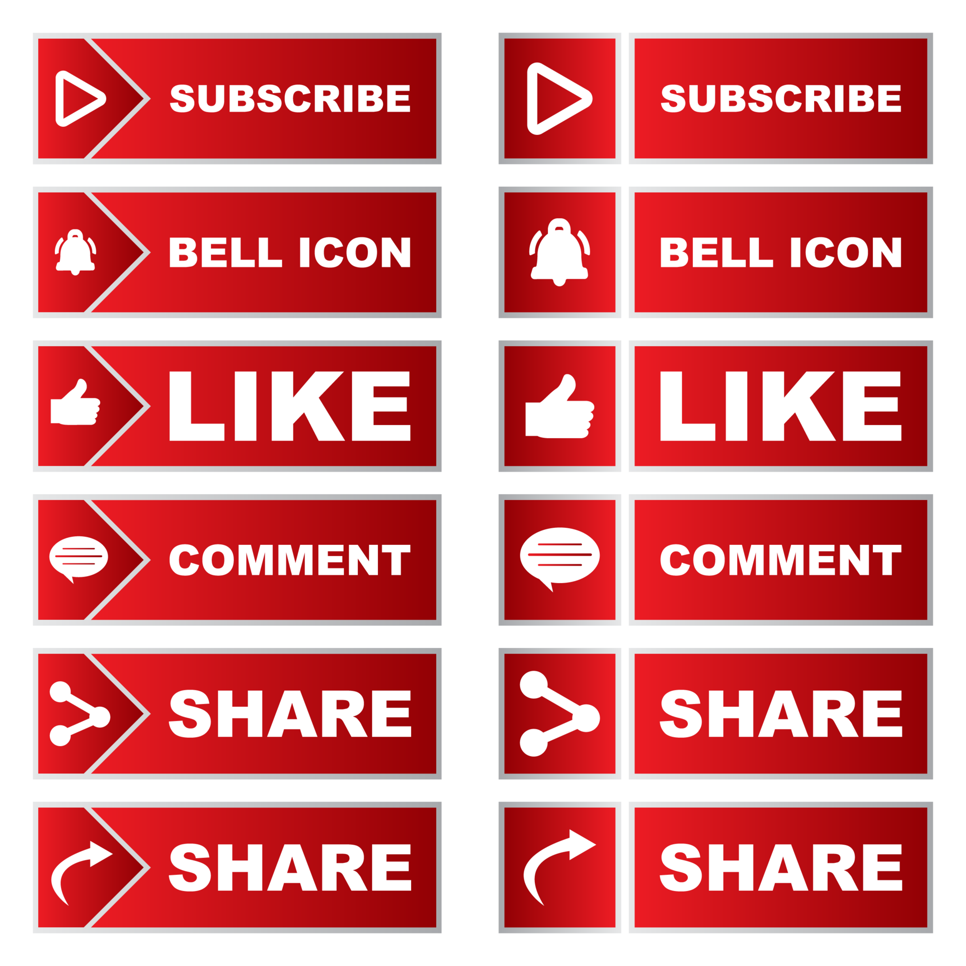 Subscribe Button Collection With Multiple Shape Red Color Button Collection With Like Comment