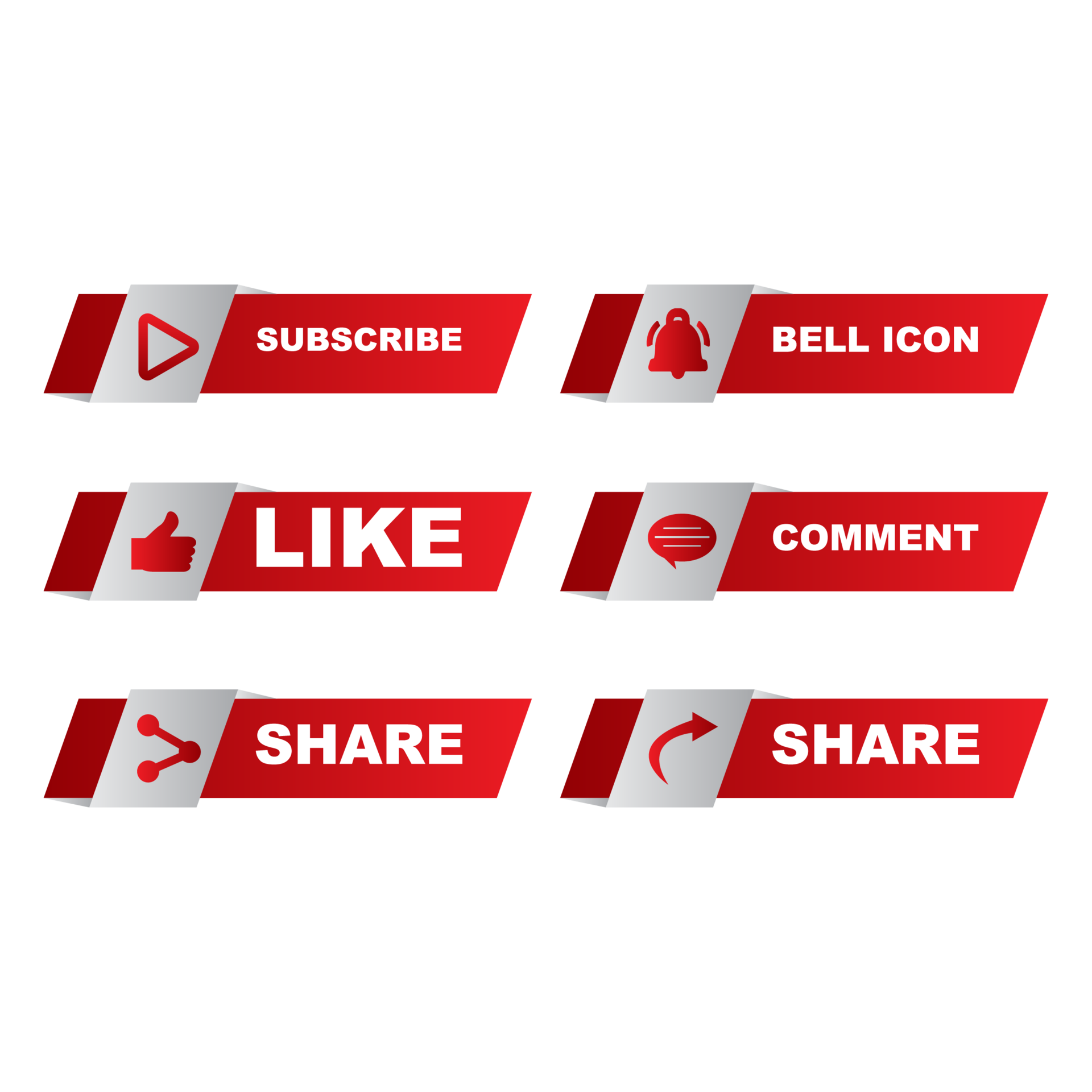 Metallic subscribe button collection with the like, share, and comment section. Red color button ...