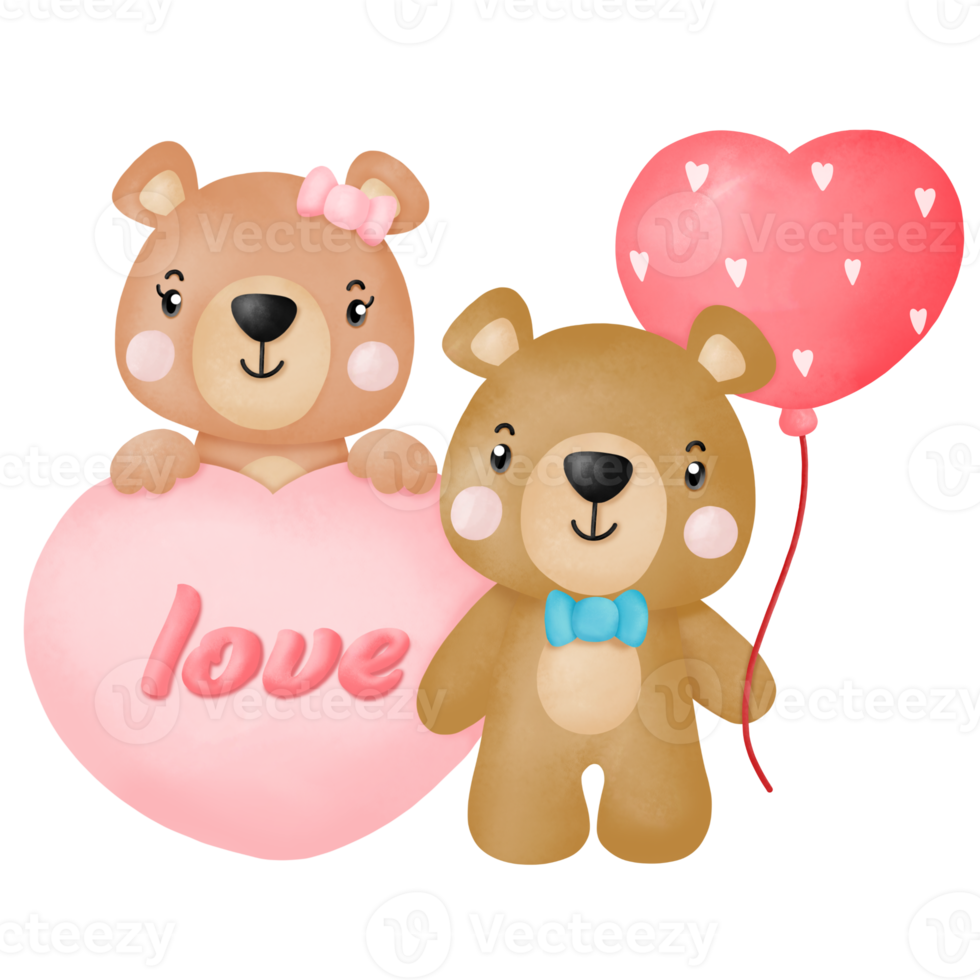 Watercolor cute teddy bear love set valentines day with elements ...