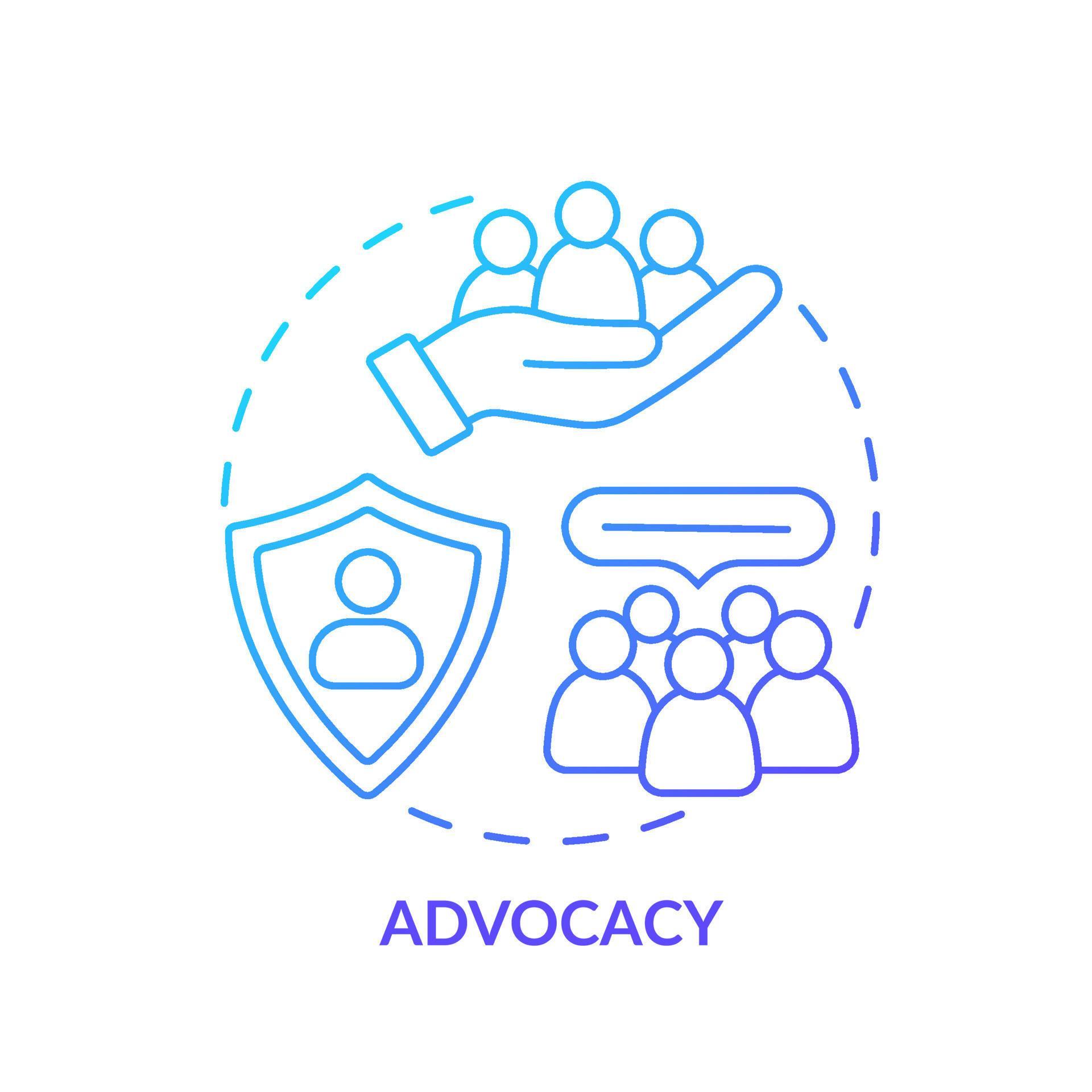 Advocacy blue gradient concept icon. Public communication. Serving public interest. PR code of ...