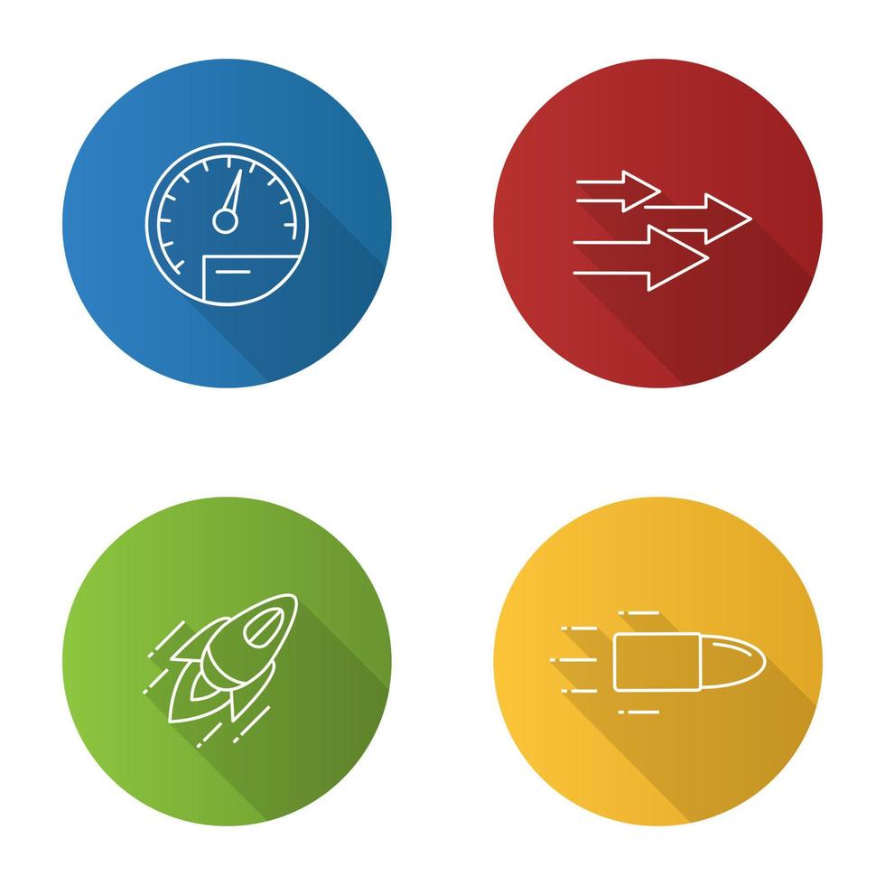 Motion flat linear long shadow icons set. Speed. Speedometer, arrows ...