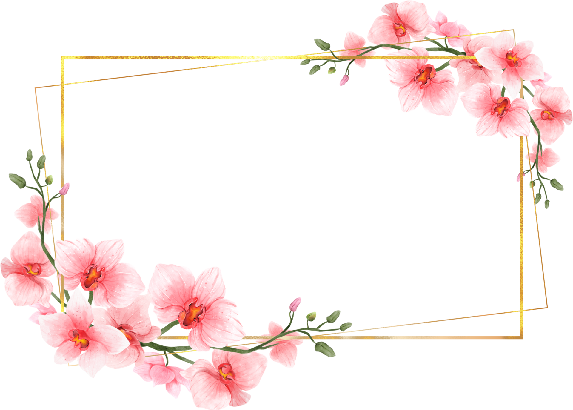 Acuarela De Flores Rosas Con Marco Dorado Geométrico 9369475 Png