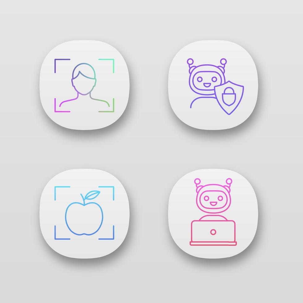 Machine Learning App Icons Set Facial Recognition Secured Chatbot Object Detection App Chat