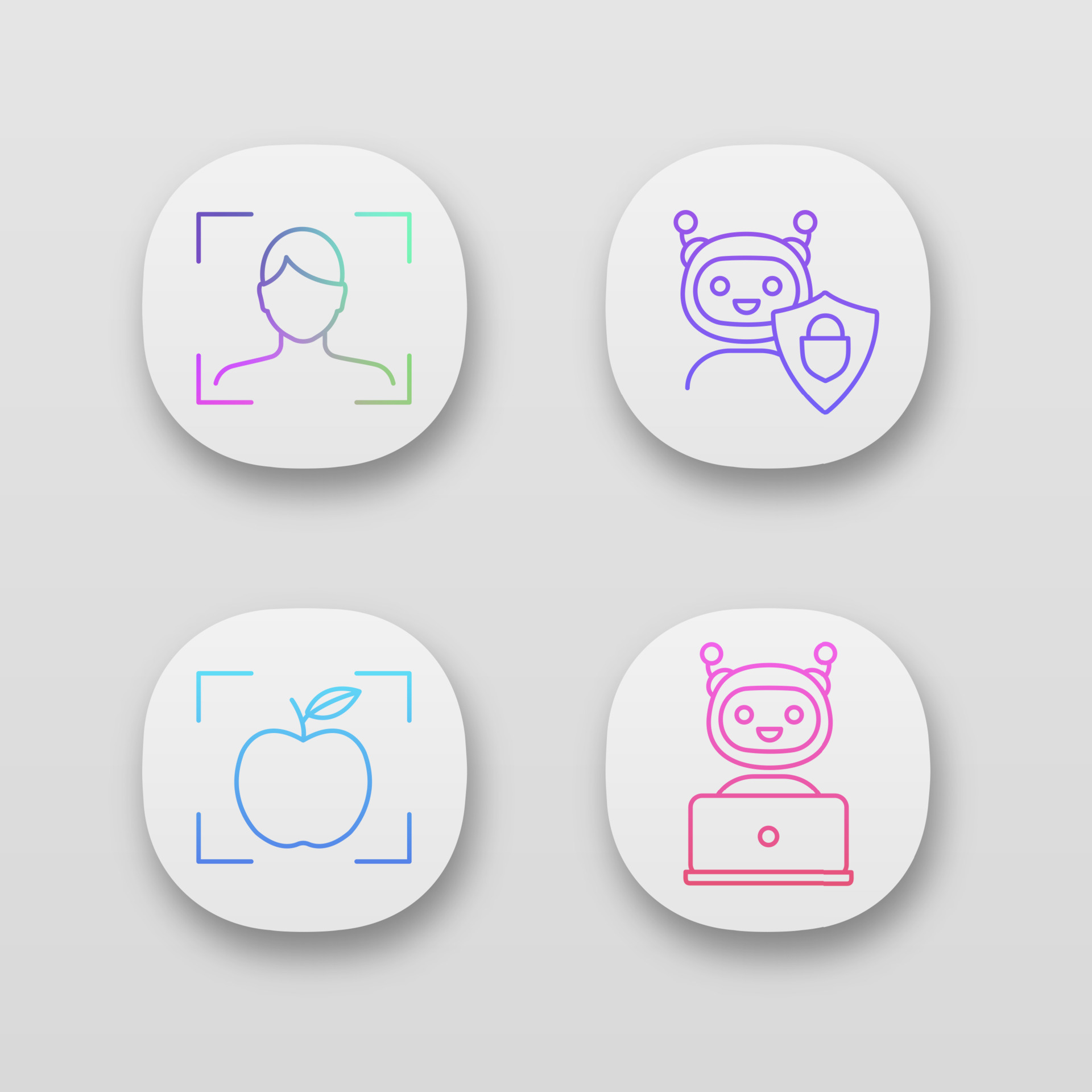 Machine Learning App Icons Set Facial Recognition Secured Chatbot