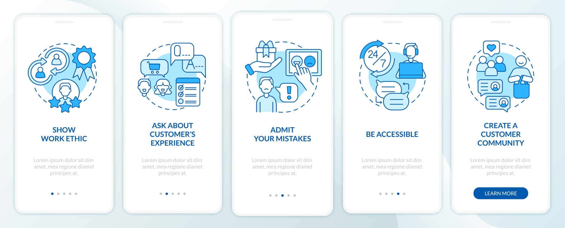 Customer service tips blue onboarding mobile app screen. Support ethic ...
