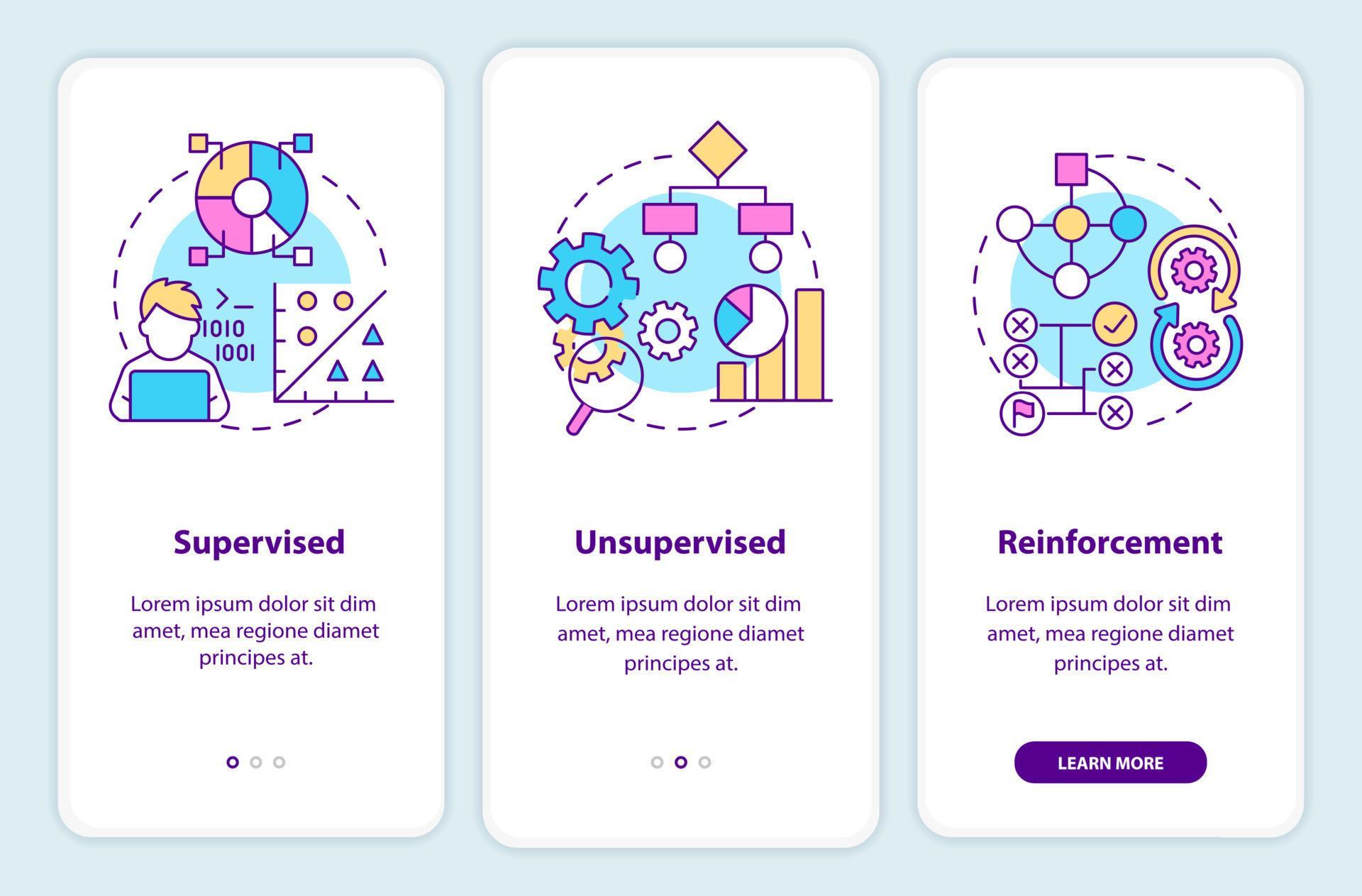Categories Of Machine Learning Onboarding Mobile App Screen Walkthrough 3 Steps Graphic