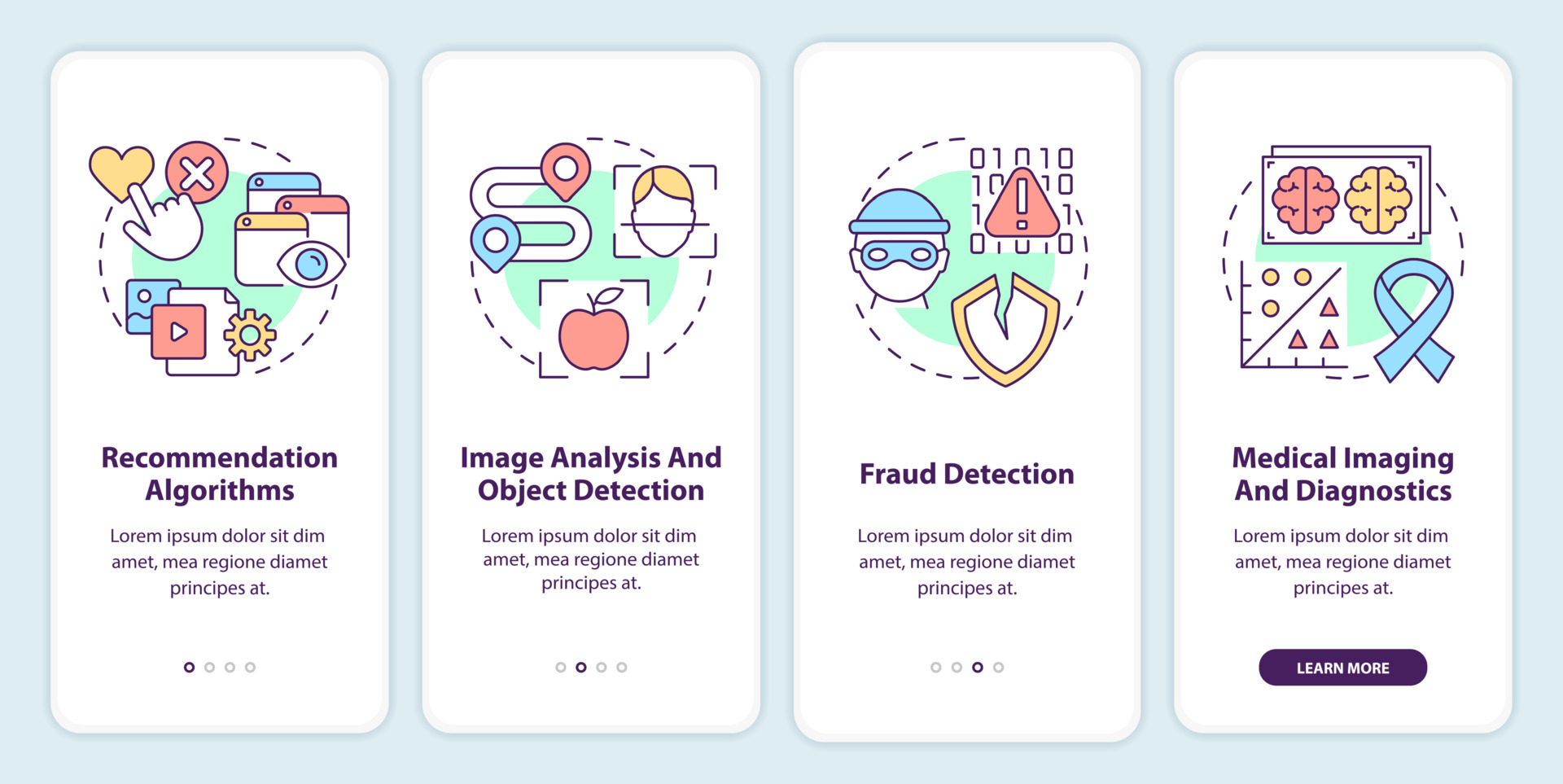 Use Of Machine Learning Onboarding Mobile App Screen Walkthrough 4 Steps Graphic Instructions