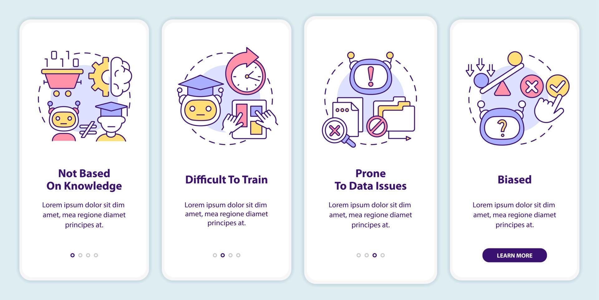 Drawbacks Of Machine Learning Onboarding Mobile App Screen Walkthrough 4 Steps Graphic