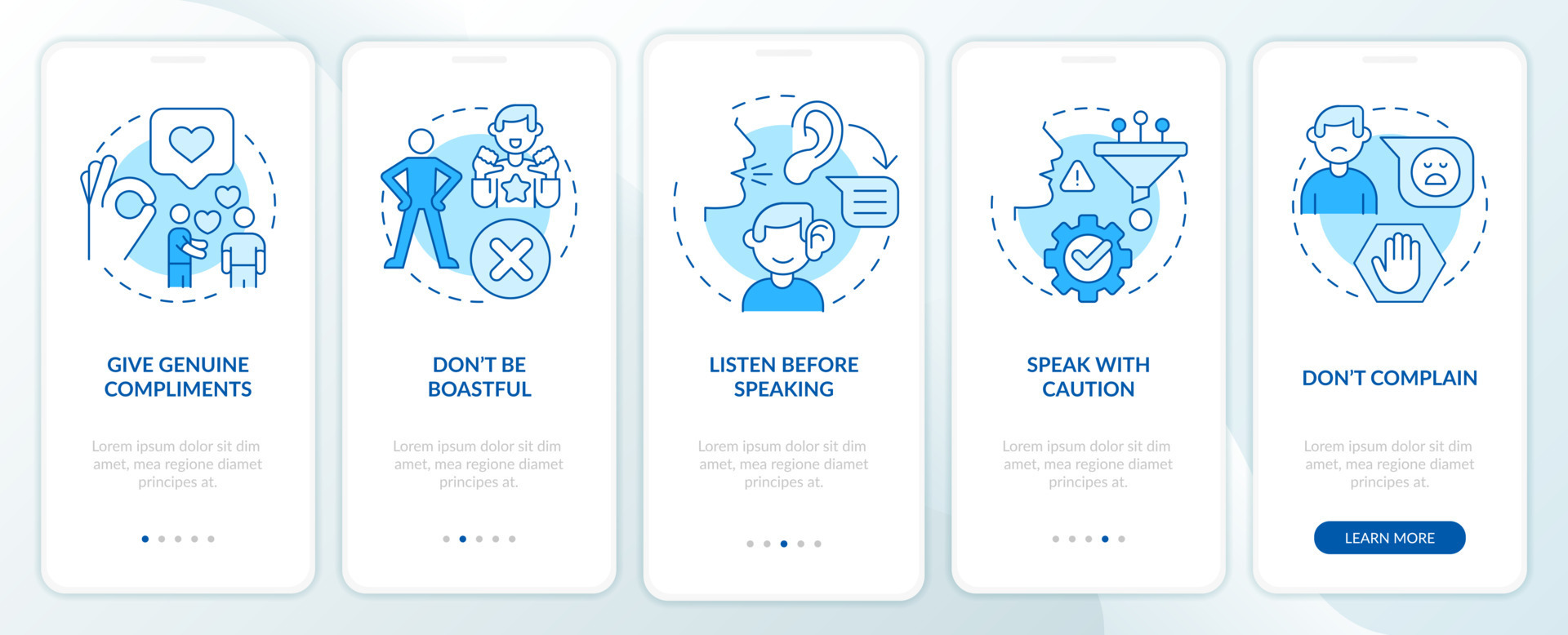 Basic Etiquette Rules Blue Onboarding Mobile App Screen Set Of Norms Walkthrough 5 Steps