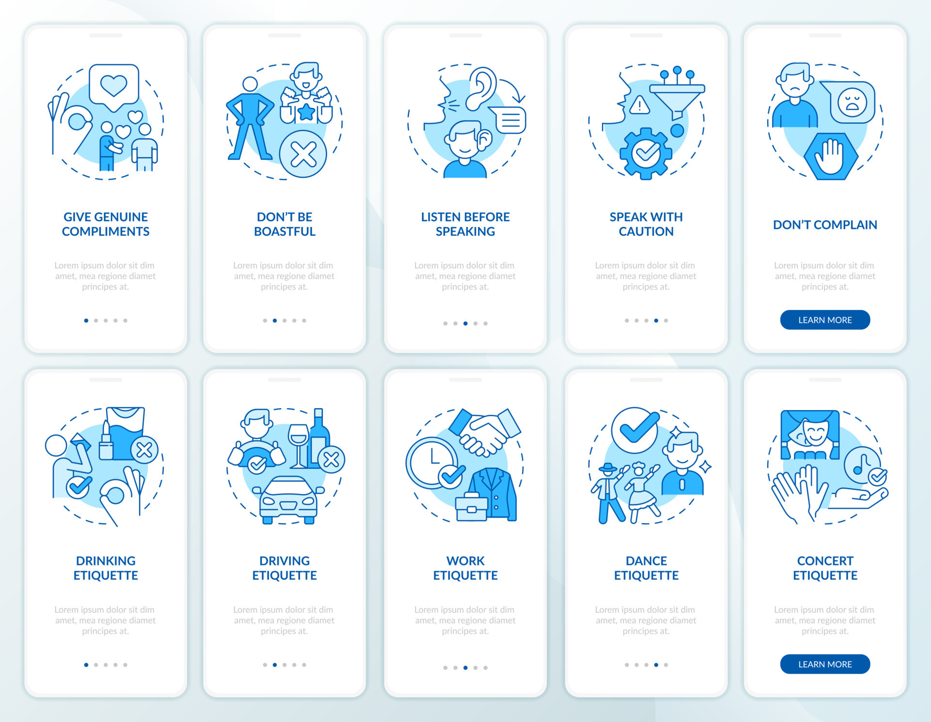 Etiquette Blue Onboarding Mobile App Screen Set Basic Rules Walkthrough 5 Steps Graphic